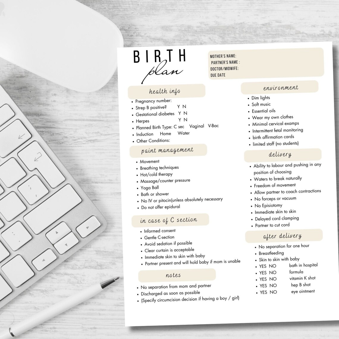 VISUAL BIRTH PLAN, Editable & Printable Natural Birth Preference Canva ...