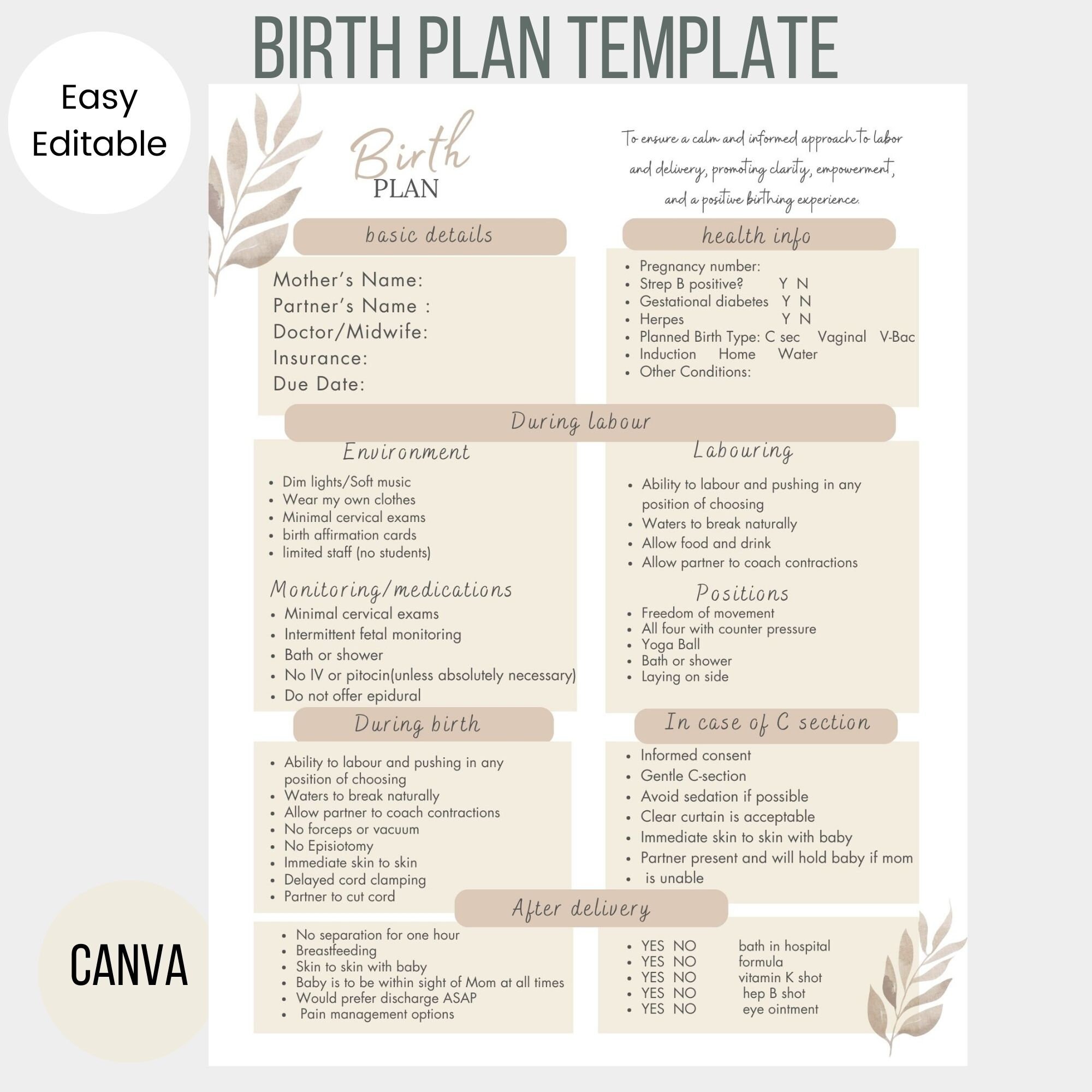 EDITABLE BIRTH PLAN Printable Birthing Plan Boho Labor Delivery ...