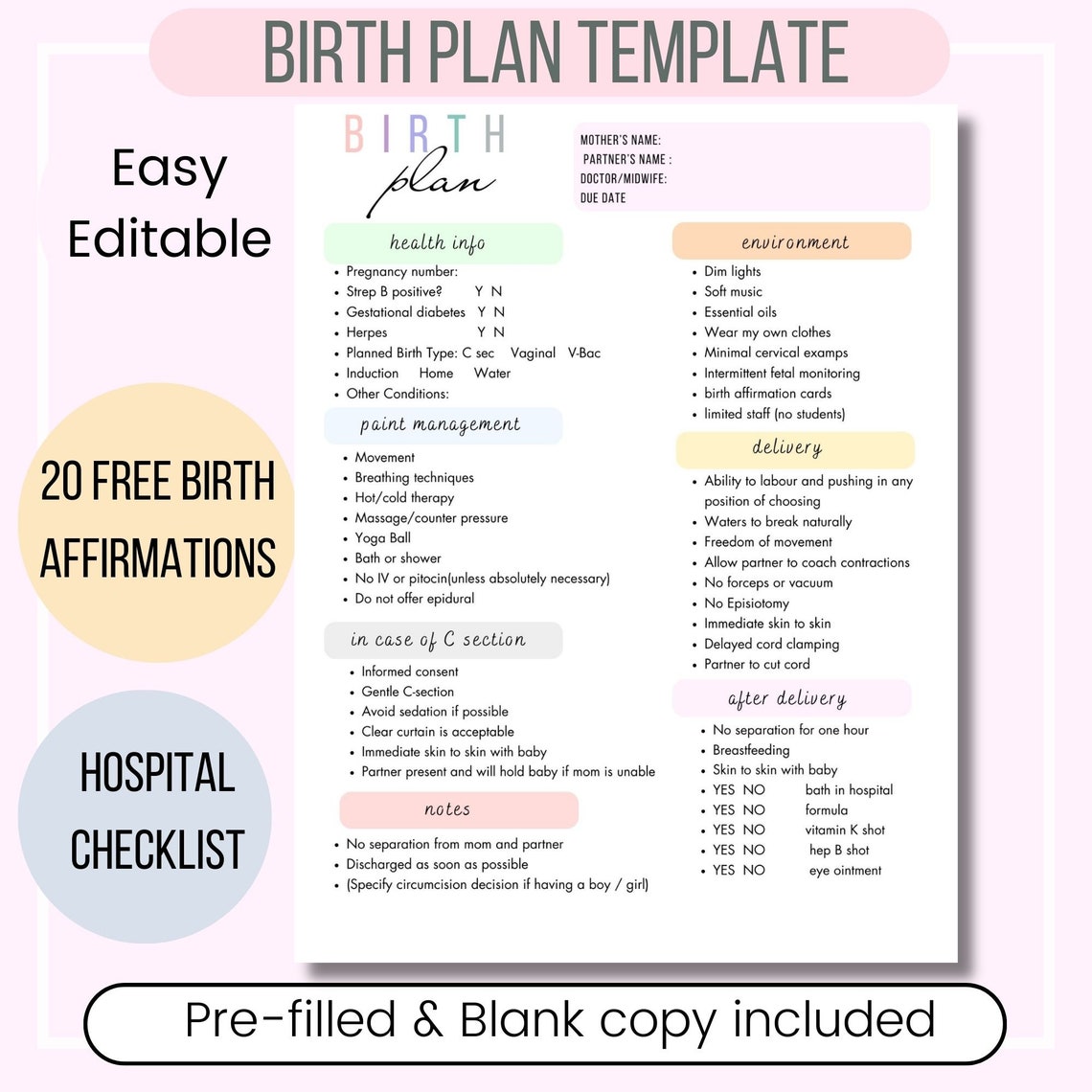 VISUAL BIRTH PLAN, Editable & Printable Natural Birth Preference Canva ...