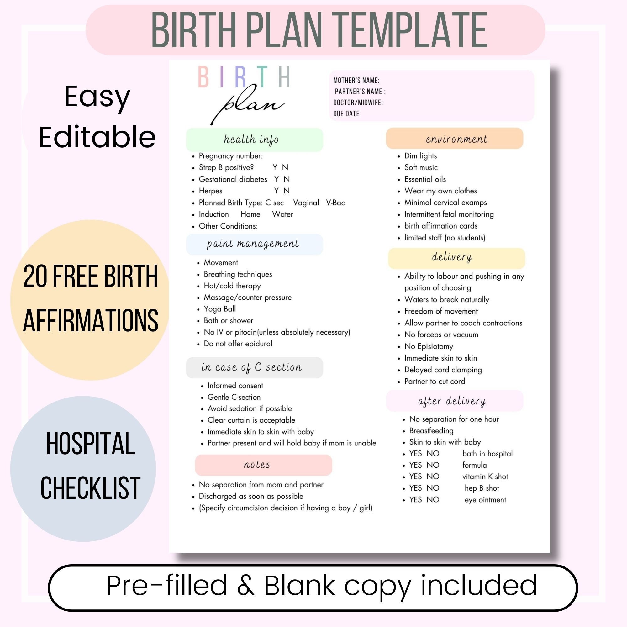 VISUAL BIRTH PLAN, Editable & Printable Natural Birth Preference Canva ...