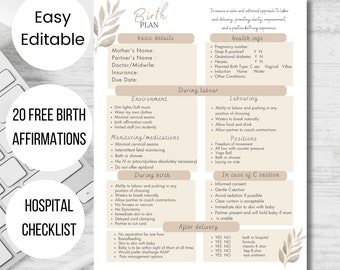 Editable Visual Birth Plan Template: Hospital Checklist, Affirmations (canva, Digital Download ...