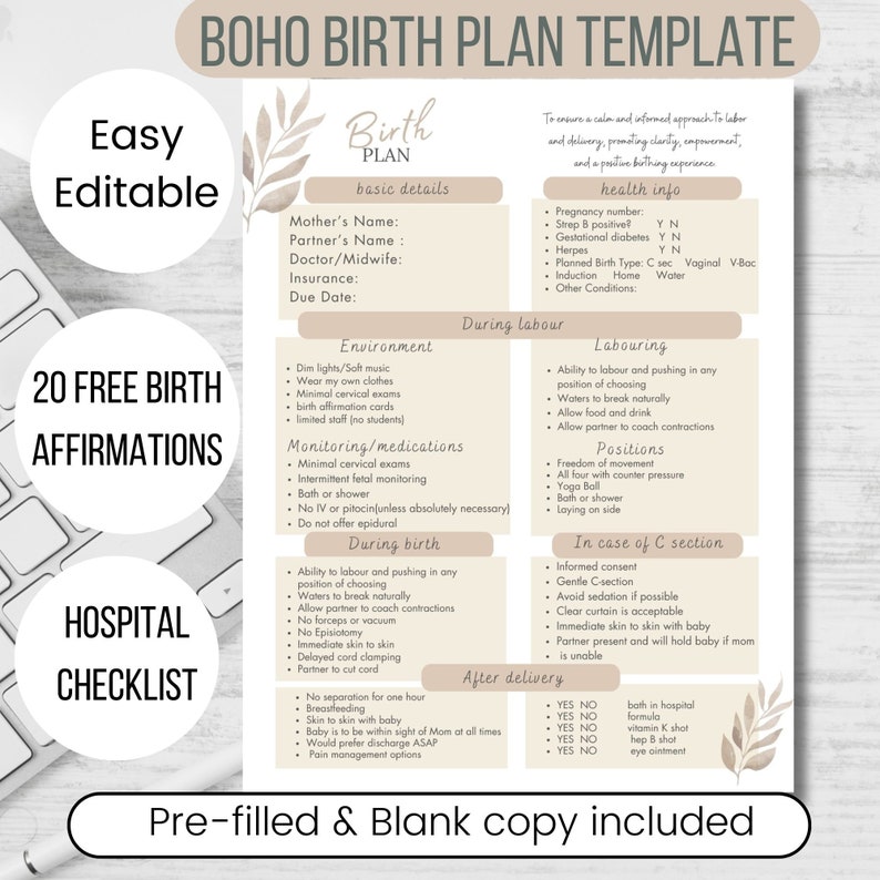 EDITABLE BIRTH PLAN Printable Birthing Plan Boho Labor Delivery ...