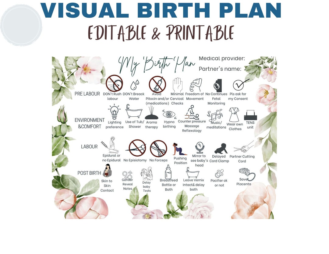 VISUAL BIRTH PLAN, Editable & Printable Natural Birth Preference Canva ...