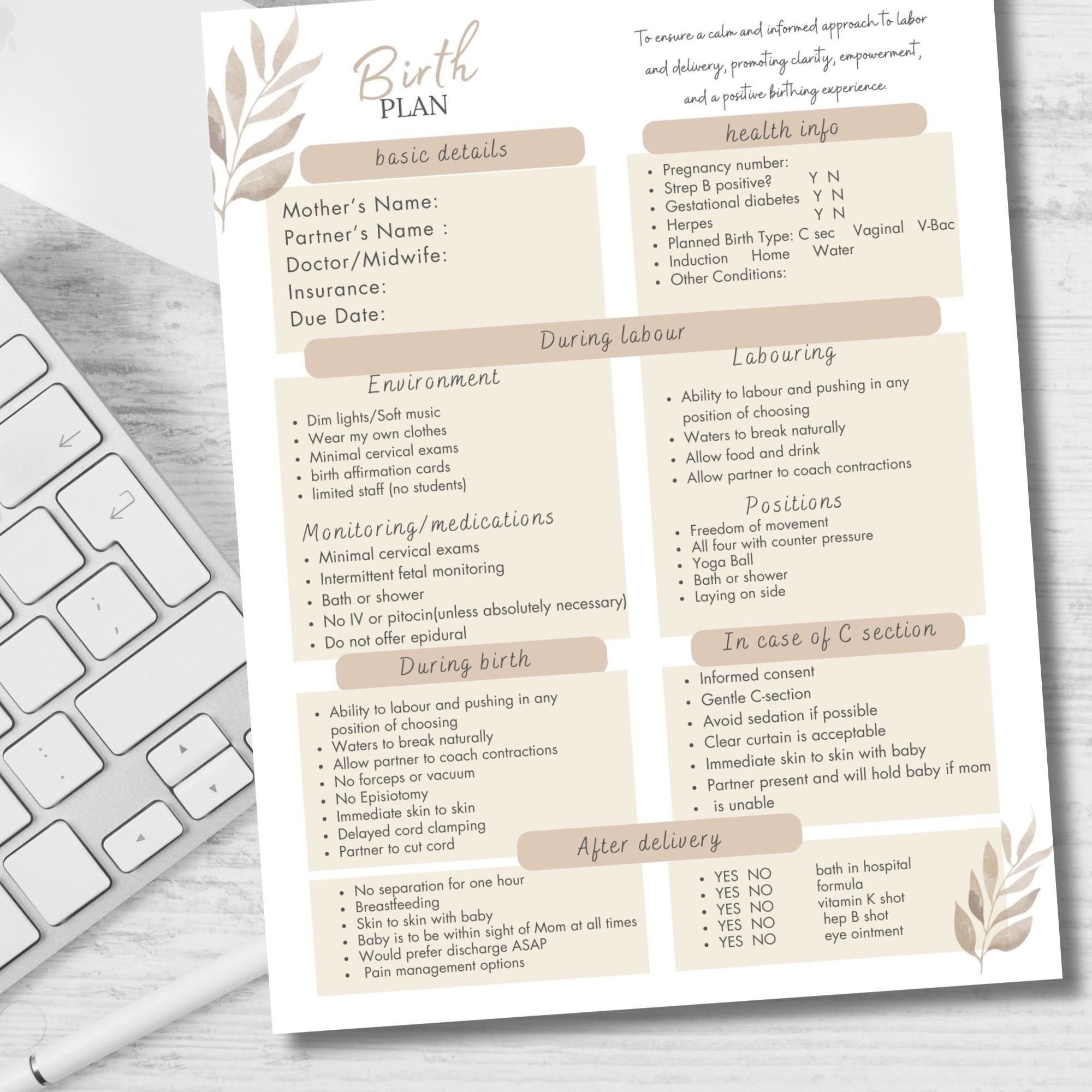 EDITABLE BIRTH PLAN Printable Birthing Plan Boho Labor Delivery ...