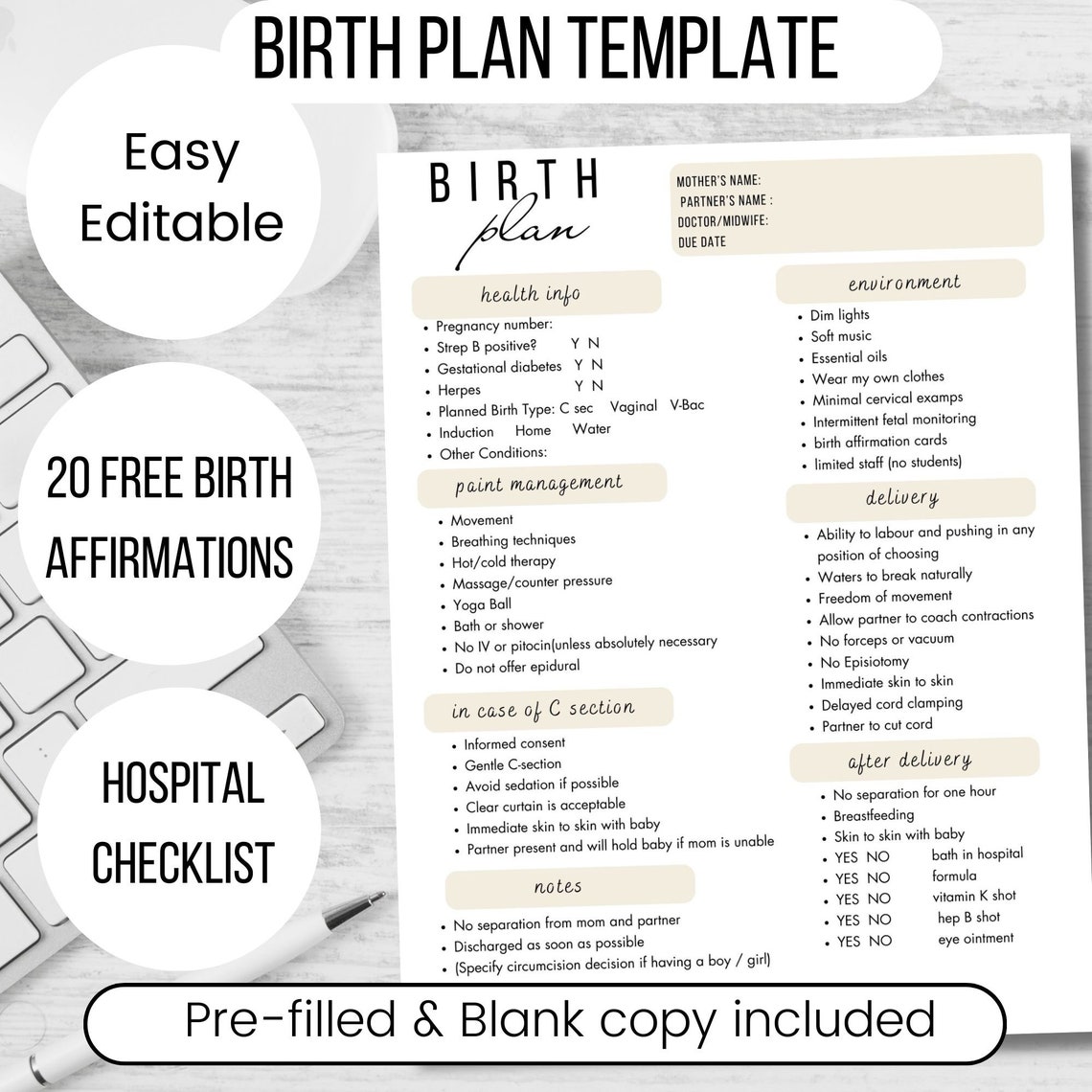 VISUAL BIRTH PLAN, Editable Printable Natural Birth Preference Canva ...