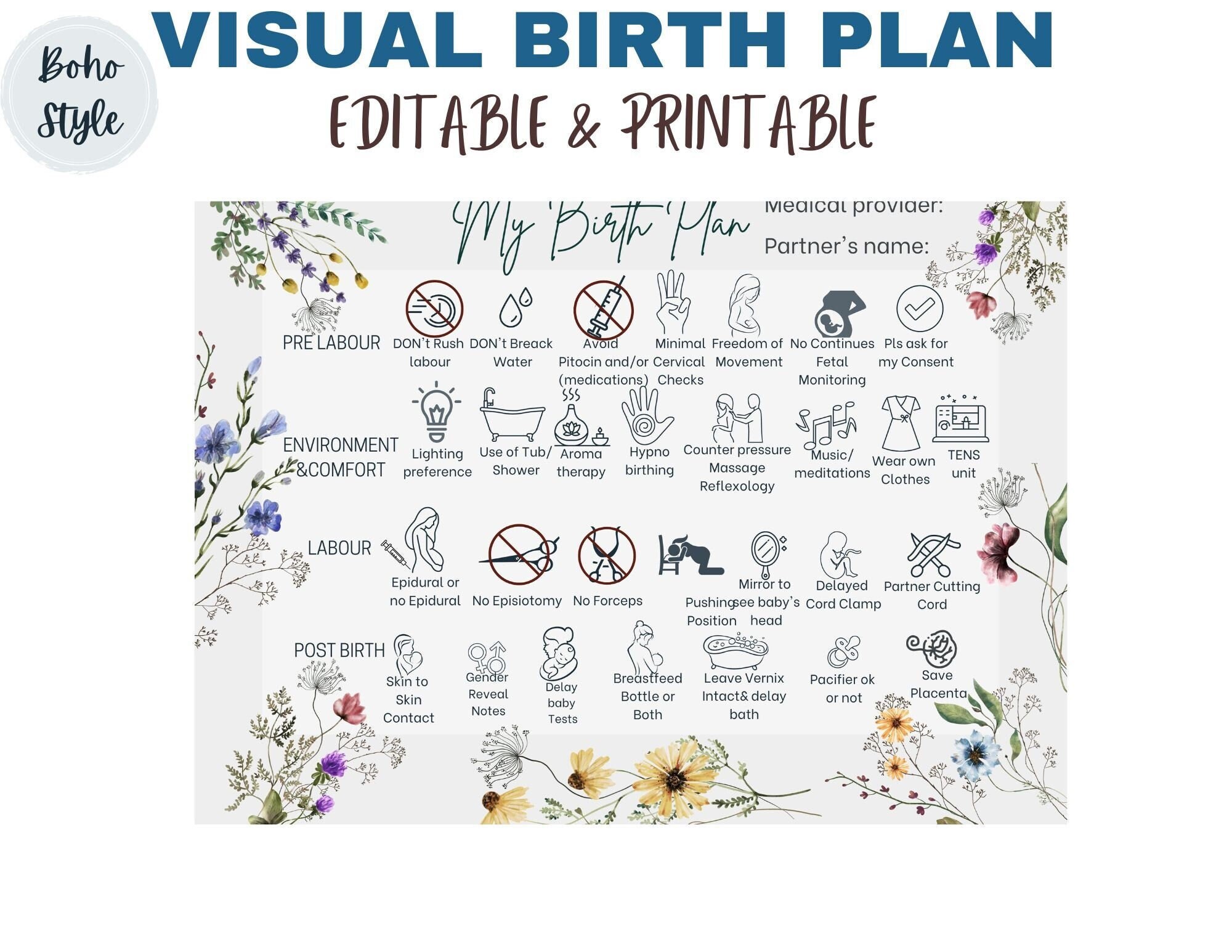 VISUAL BIRTH PLAN birth Plan Printablenatural Birth - Etsy Australia
