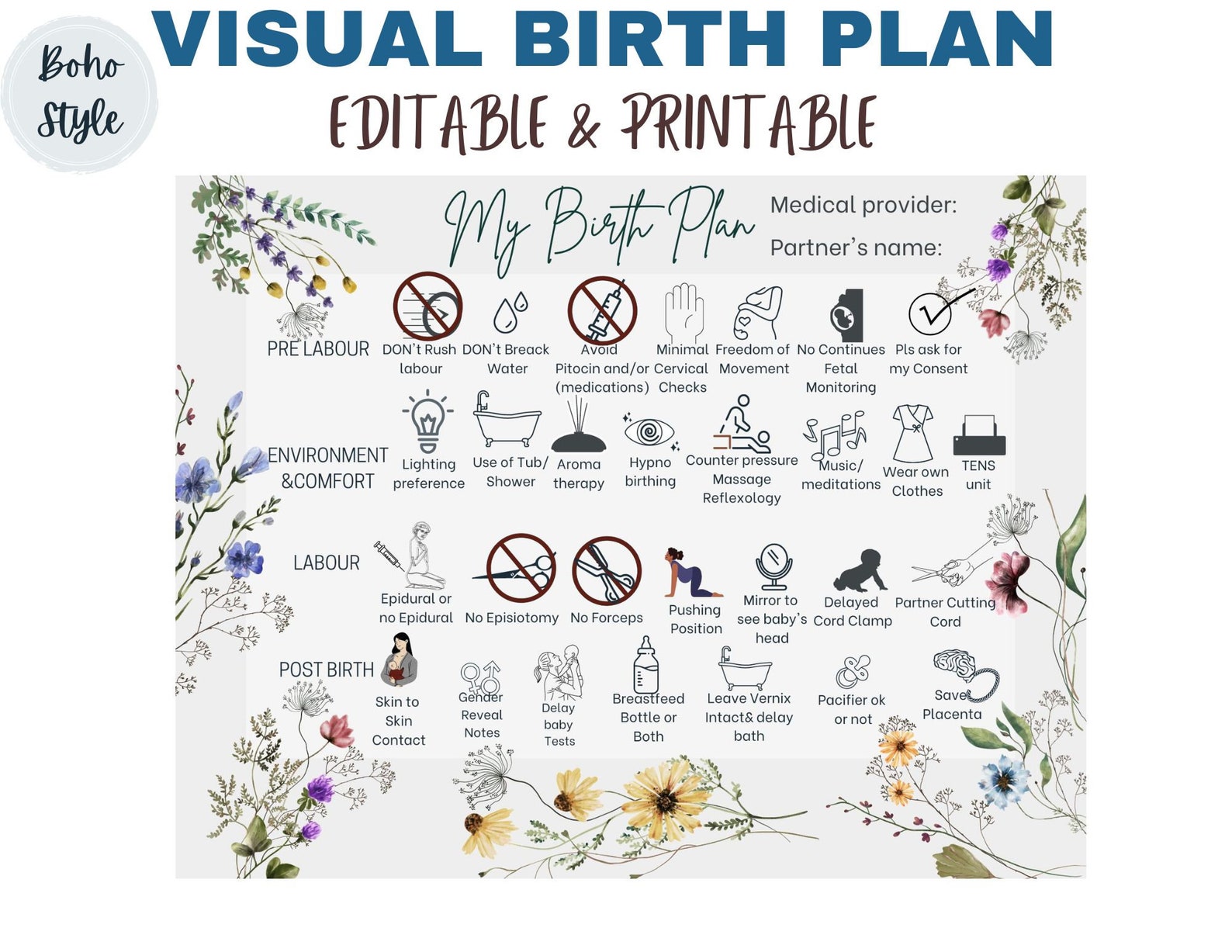 VISUAL BIRTH PLAN ,birth Plan Printable,natural Birth Preference Canva ...