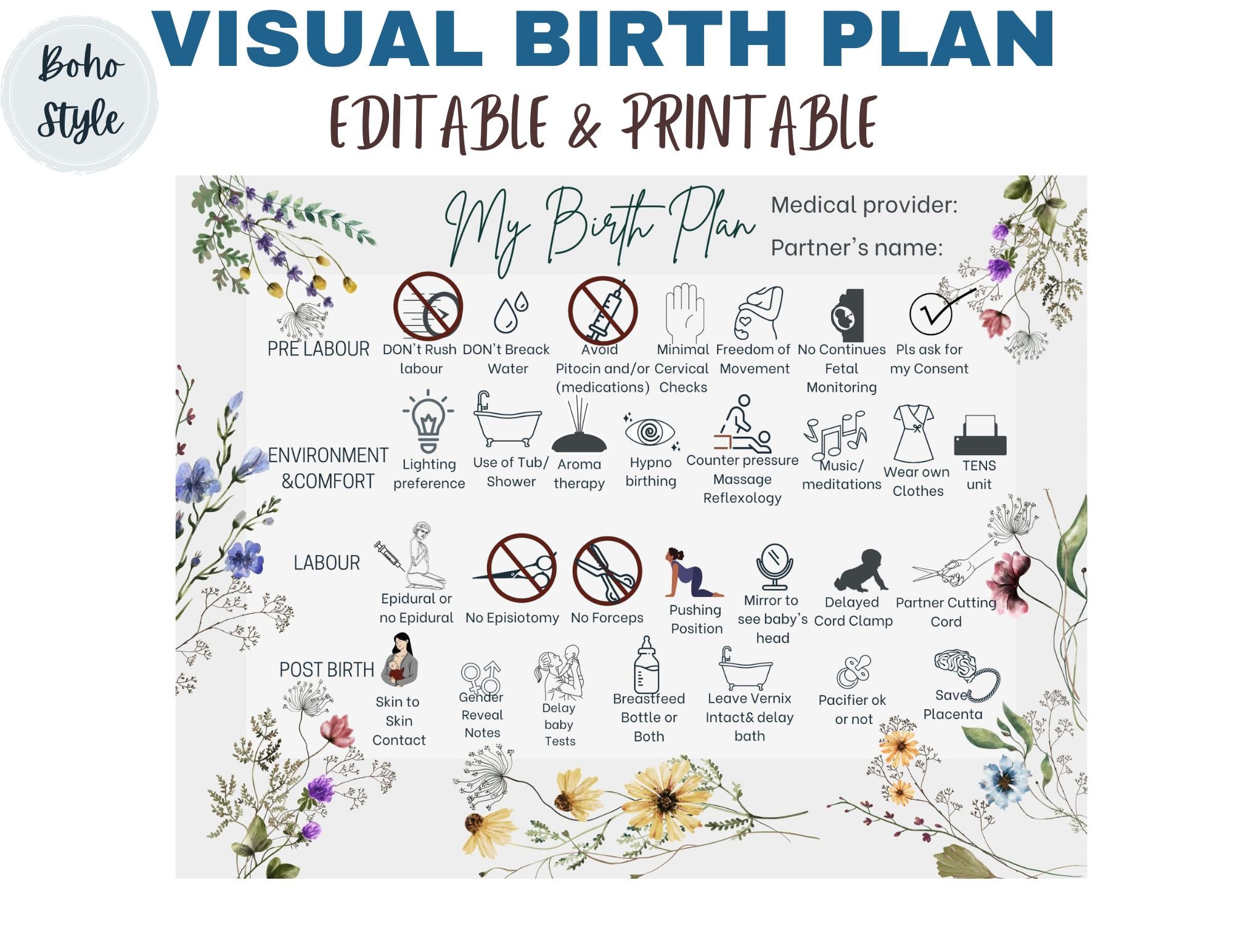 VISUAL BIRTH PLAN ,birth Plan Printable,natural Birth Preference Canva ...