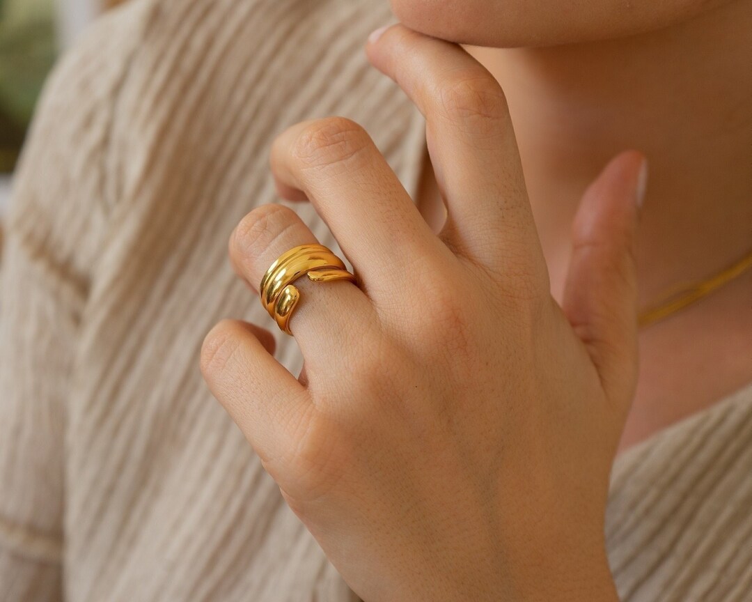 Gold Lines Ring, Gold Waterproof Wrap Gold Ring, Three Lines Ring Women ...