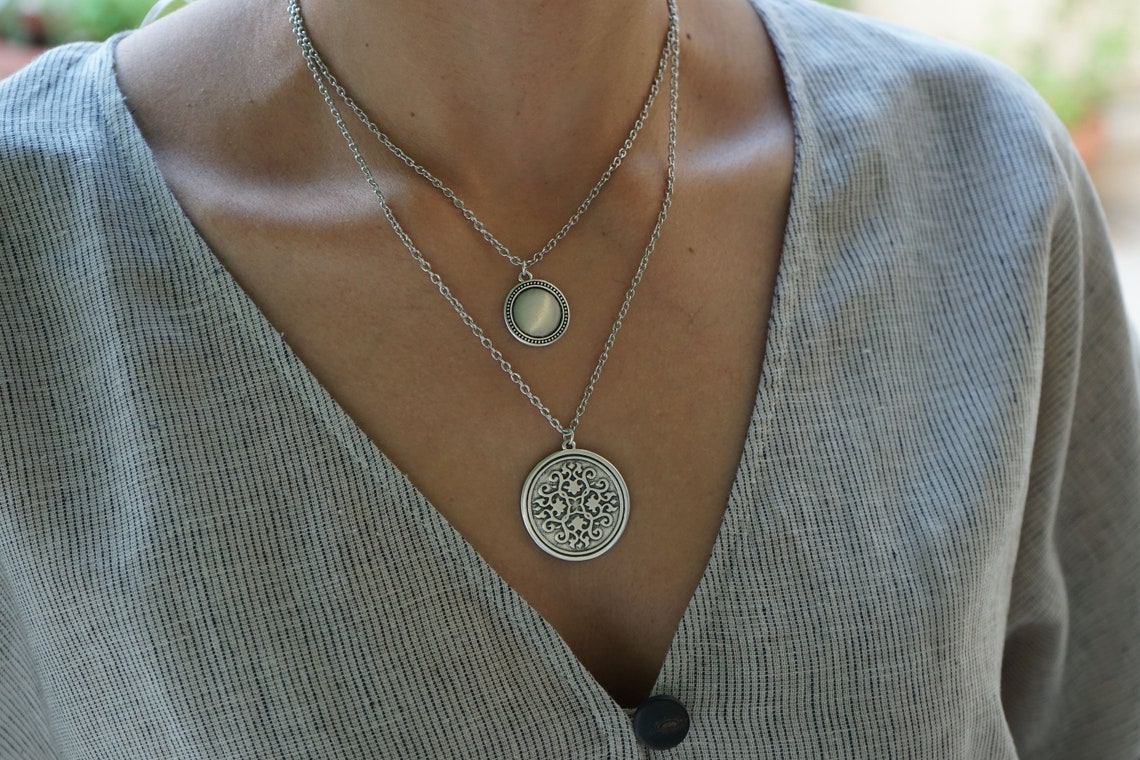 SET of 2 Silver Coin pendant necklaces Bohemian boho coin | Etsy