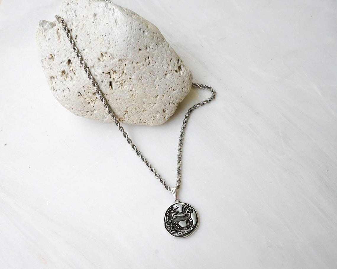 Silver Antique Ancient Stamp Motif Pendant Wt Twist Belcher Chain ...