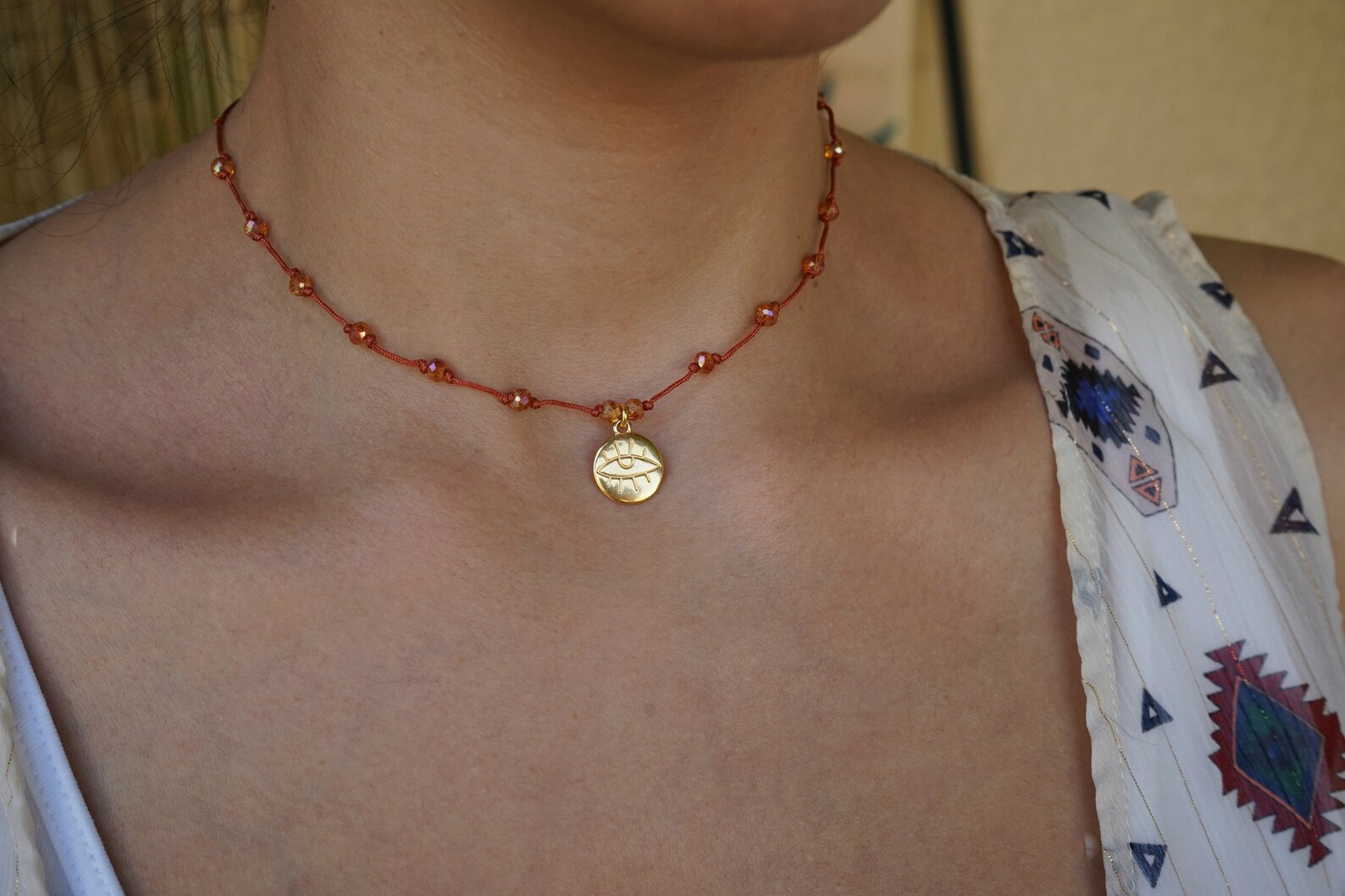 Gold Evil Eye Protection Charm Macrame Necklace Adjustable | Etsy