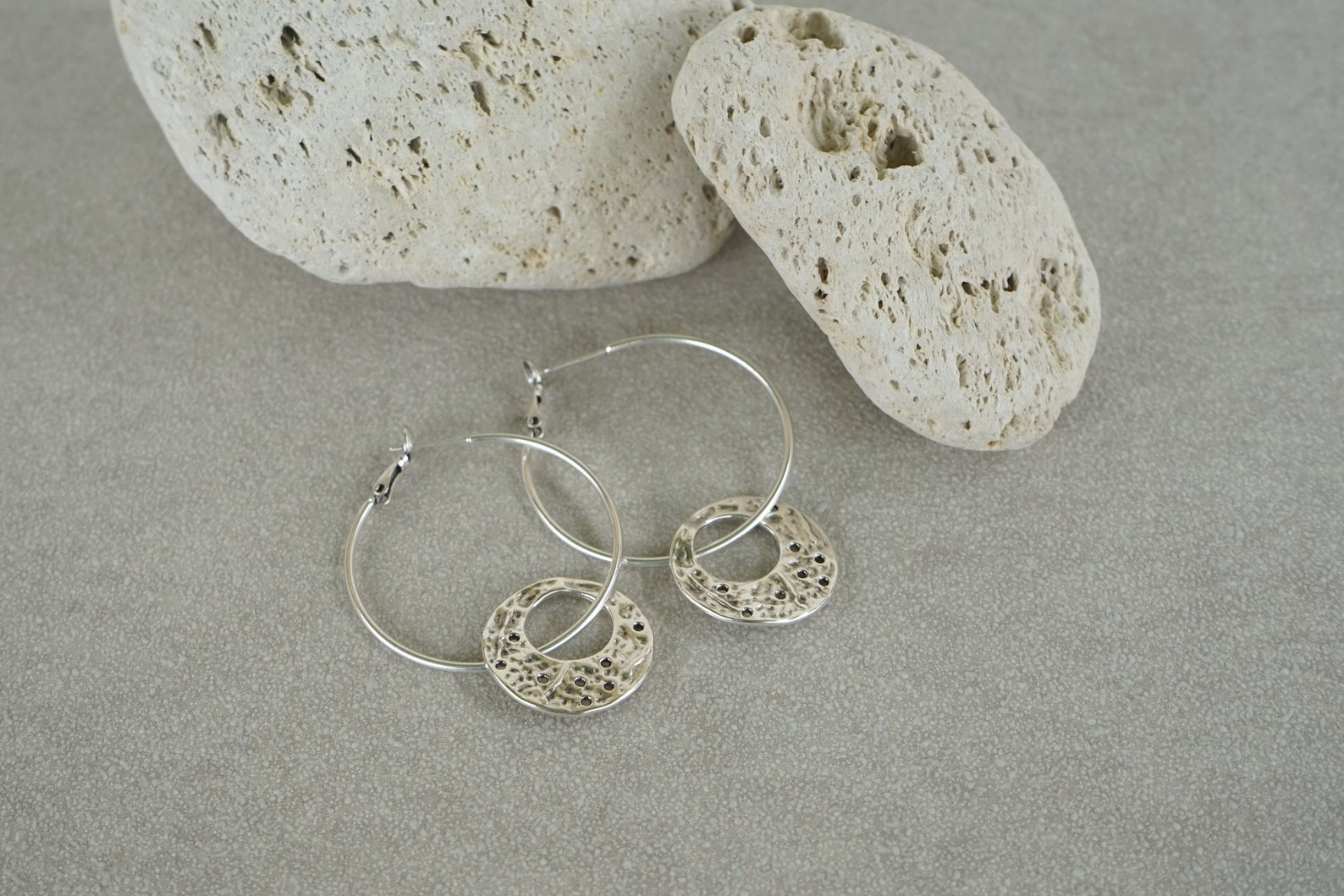 Large Silver Hoop Earrings With Hammered Hollow Coin - Etsy