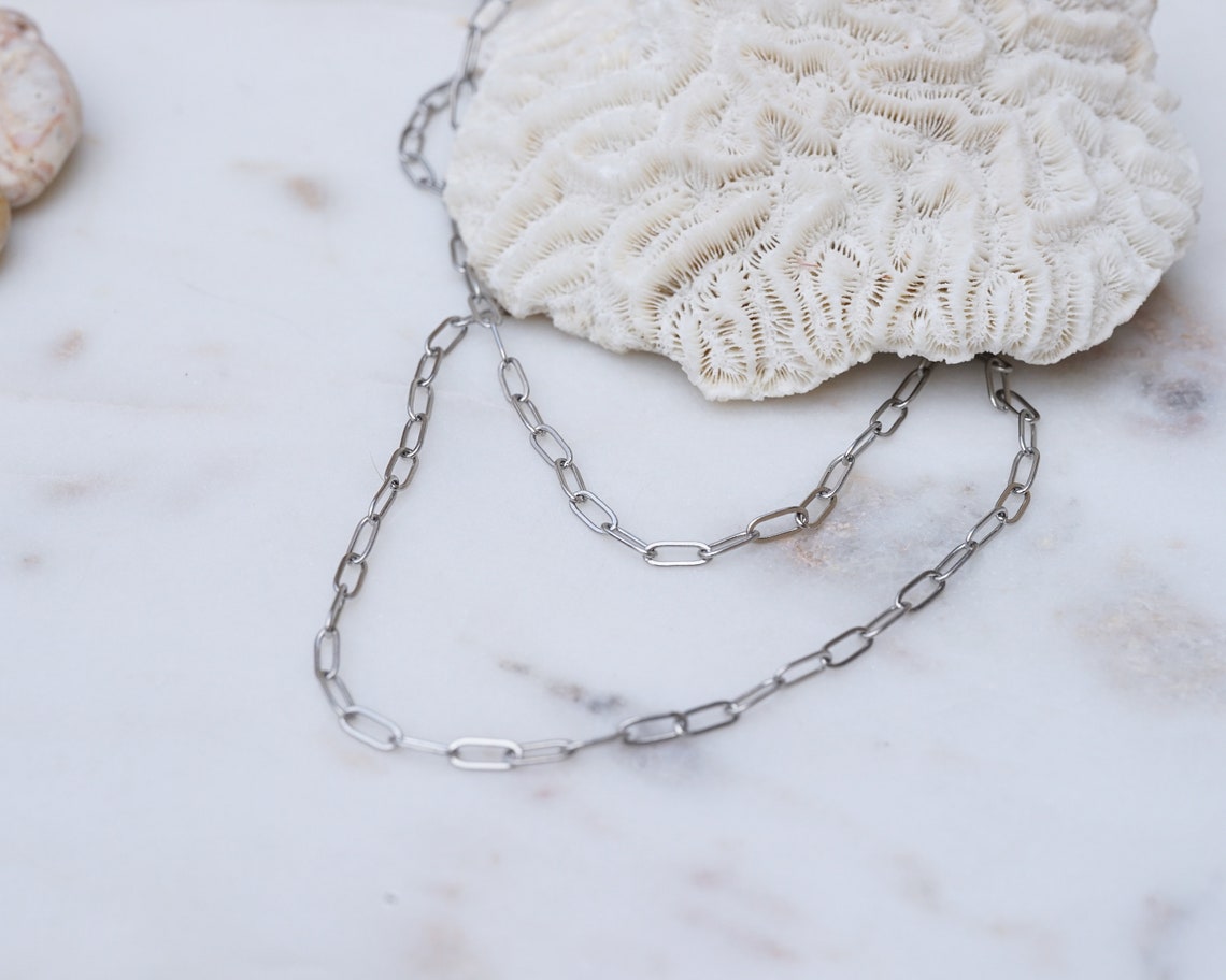 Delicate Silver Flat Oval Long Chain Necklace Adjustable | Etsy