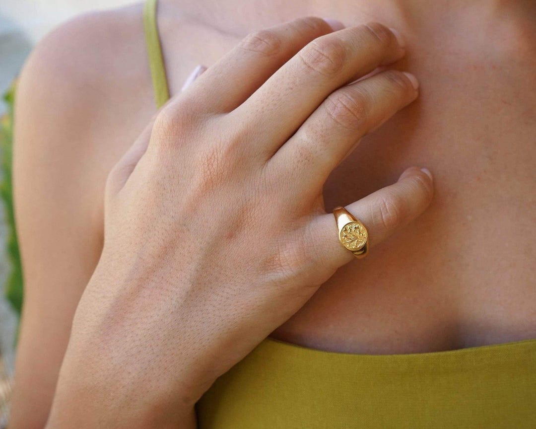 Gold Floral Stamp Signet Ring, 24k Gold Plated Boho Chevalier Ring ...
