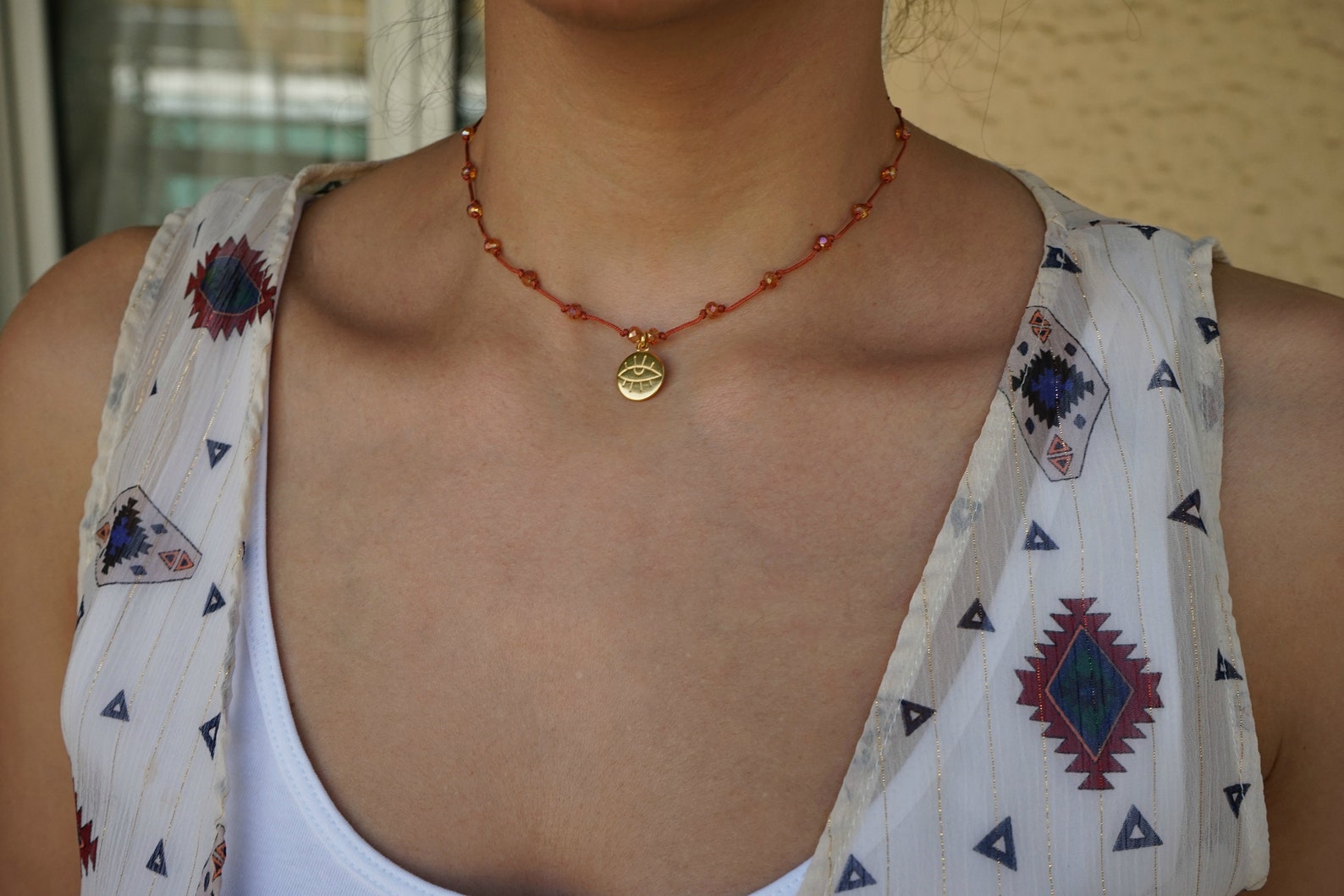 Gold Evil Eye Protection Charm Macrame Necklace Adjustable | Etsy