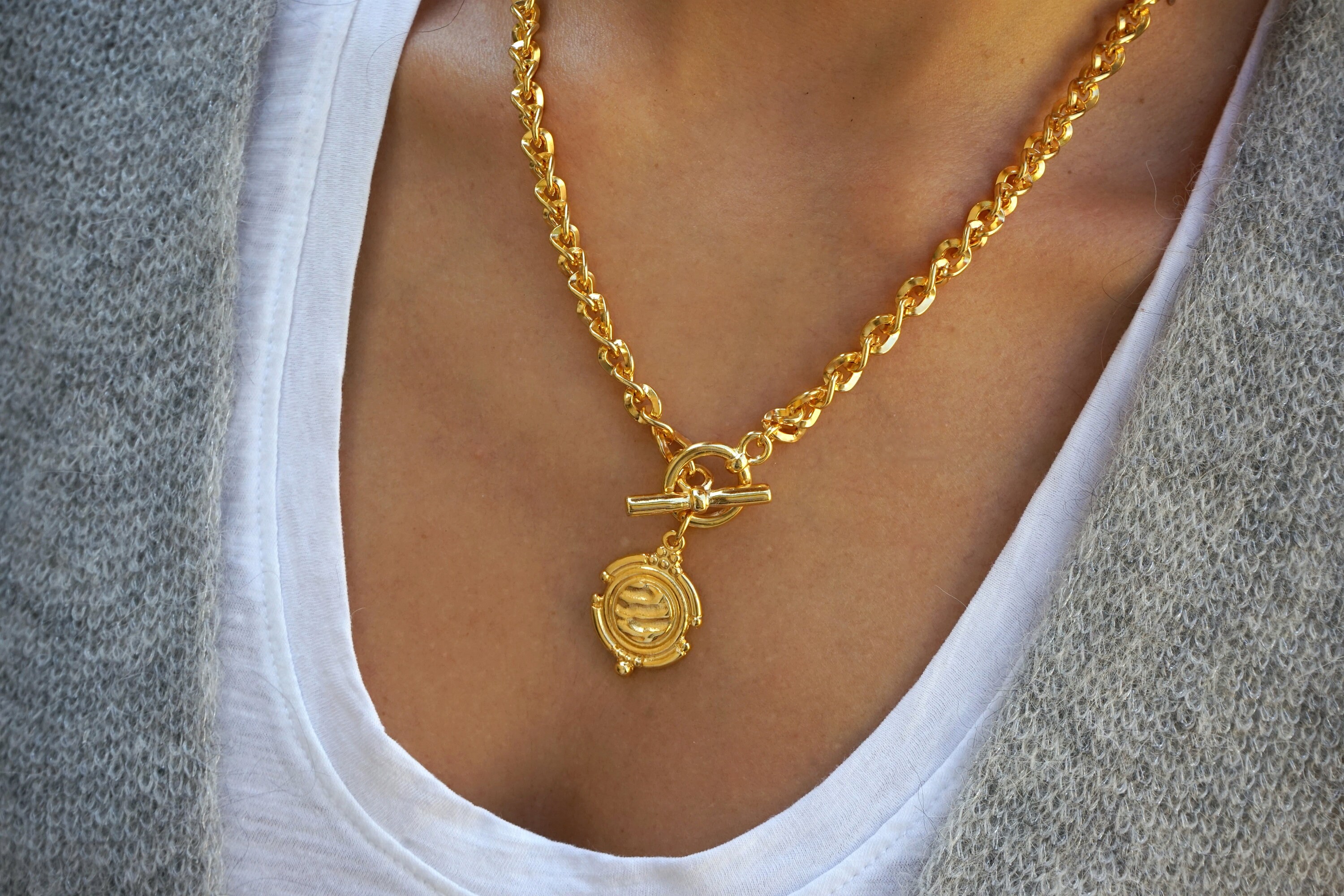 Gold thick chain collar locket necklace with an ethnic disc | Etsy