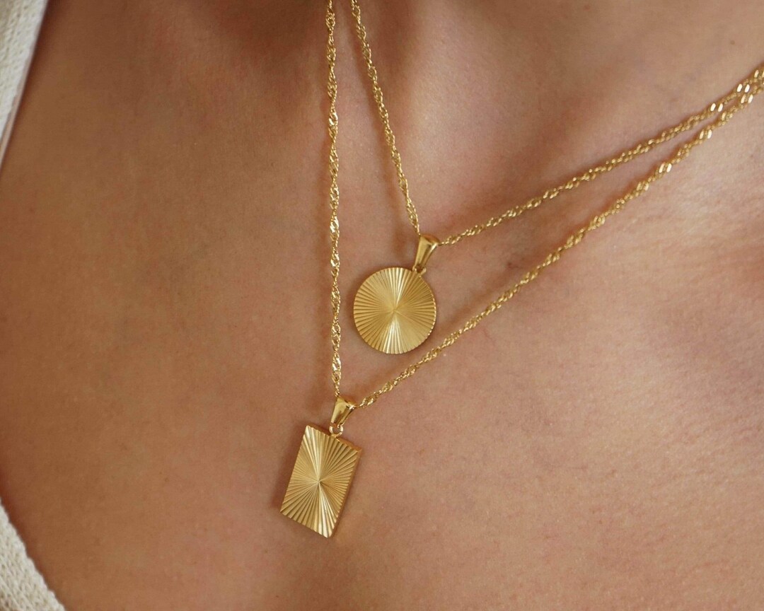 Gold Rectangle Round Sun Rays Pendant Necklace, 18k Gold Plated Charm ...
