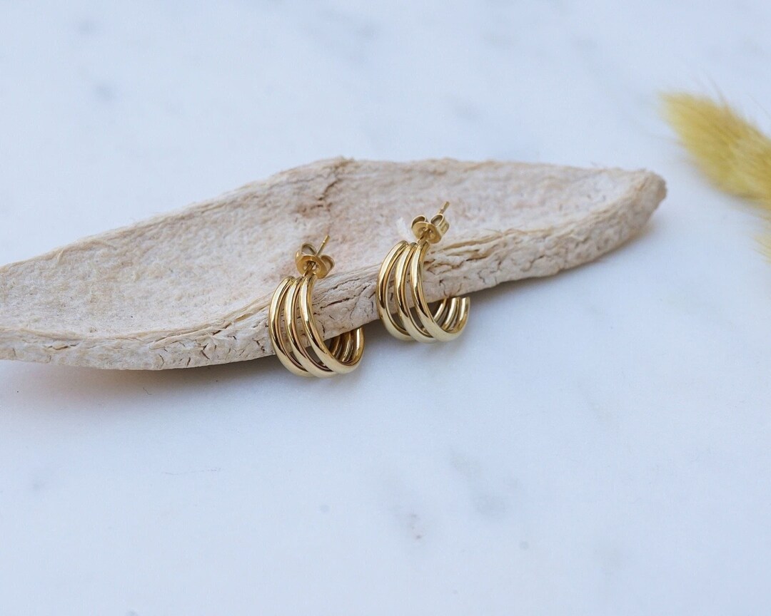 Gold Triple Small Hoops, Triple Layer Hoop, Multi Hoop Stainless Steel ...