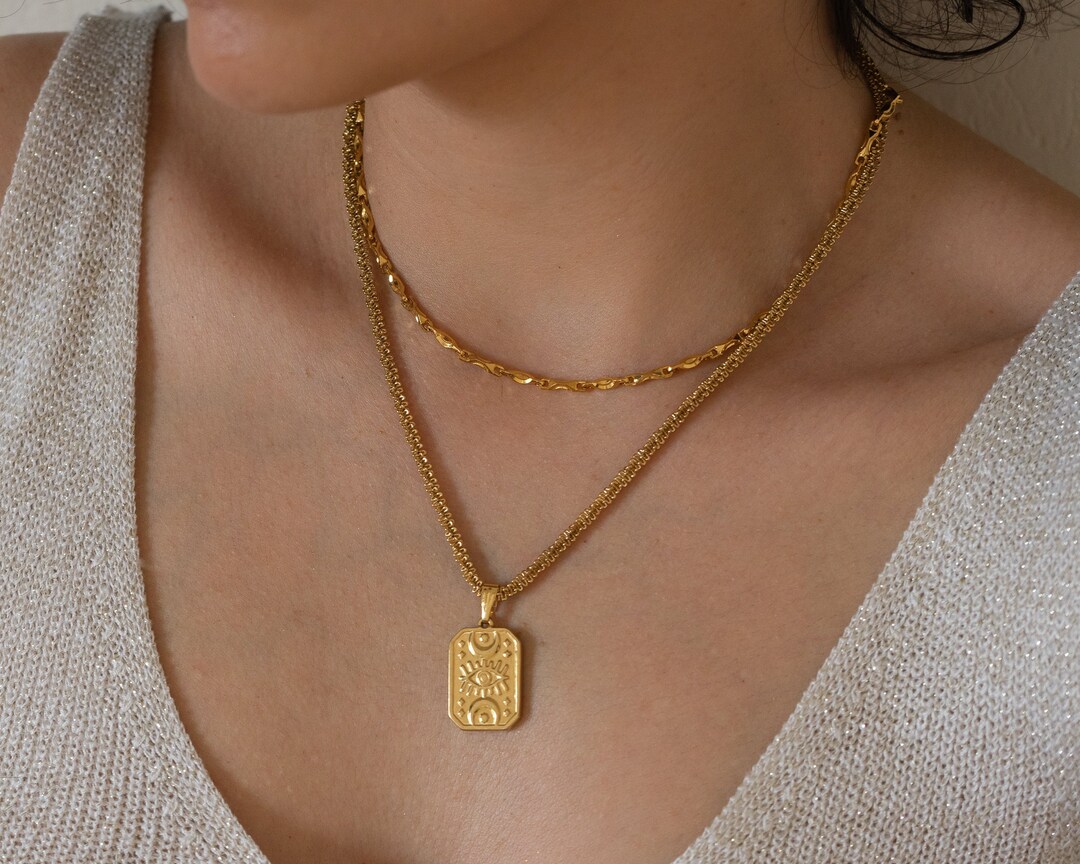 Gold Rectangle MOON EVIL EYE Pendant Thick Gold Plated - Etsy