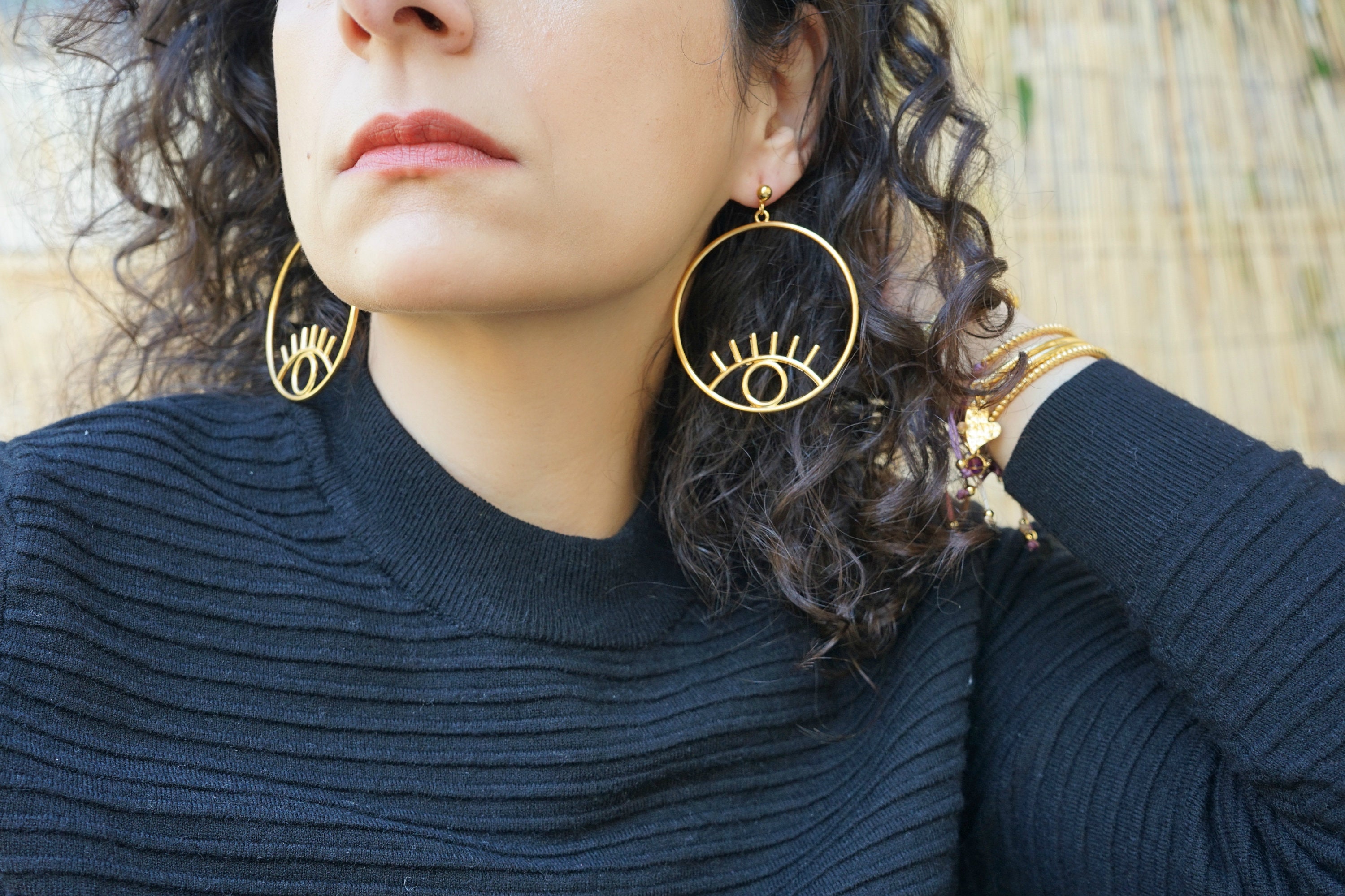 Large Gold Evil Eye Earrings Large Evil Eye Hoops Earrings | Etsy