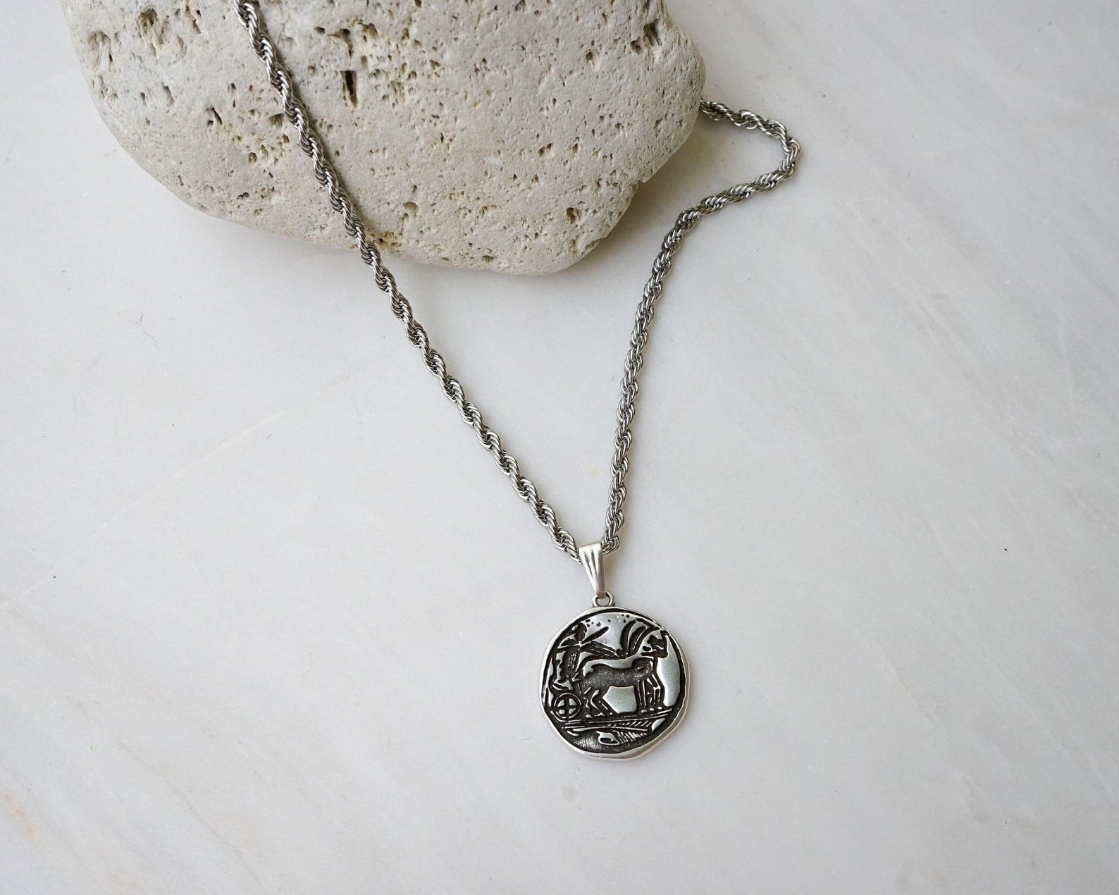 Silver Antique Ancient Stamp Motif Pendant Wt Twist Belcher Chain ...