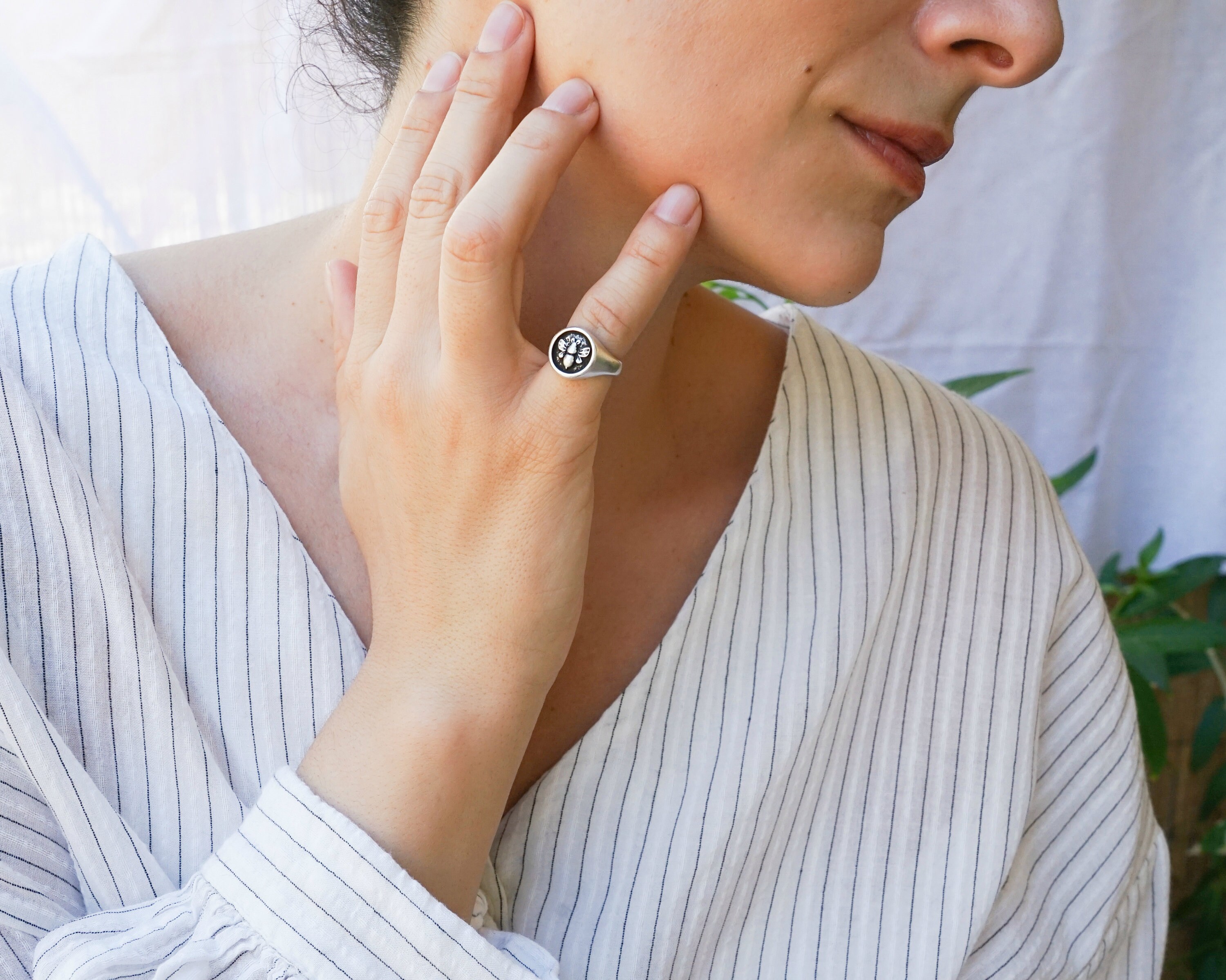 Silver BEE STAMP signet ring Boho simple chevalier ring | Etsy