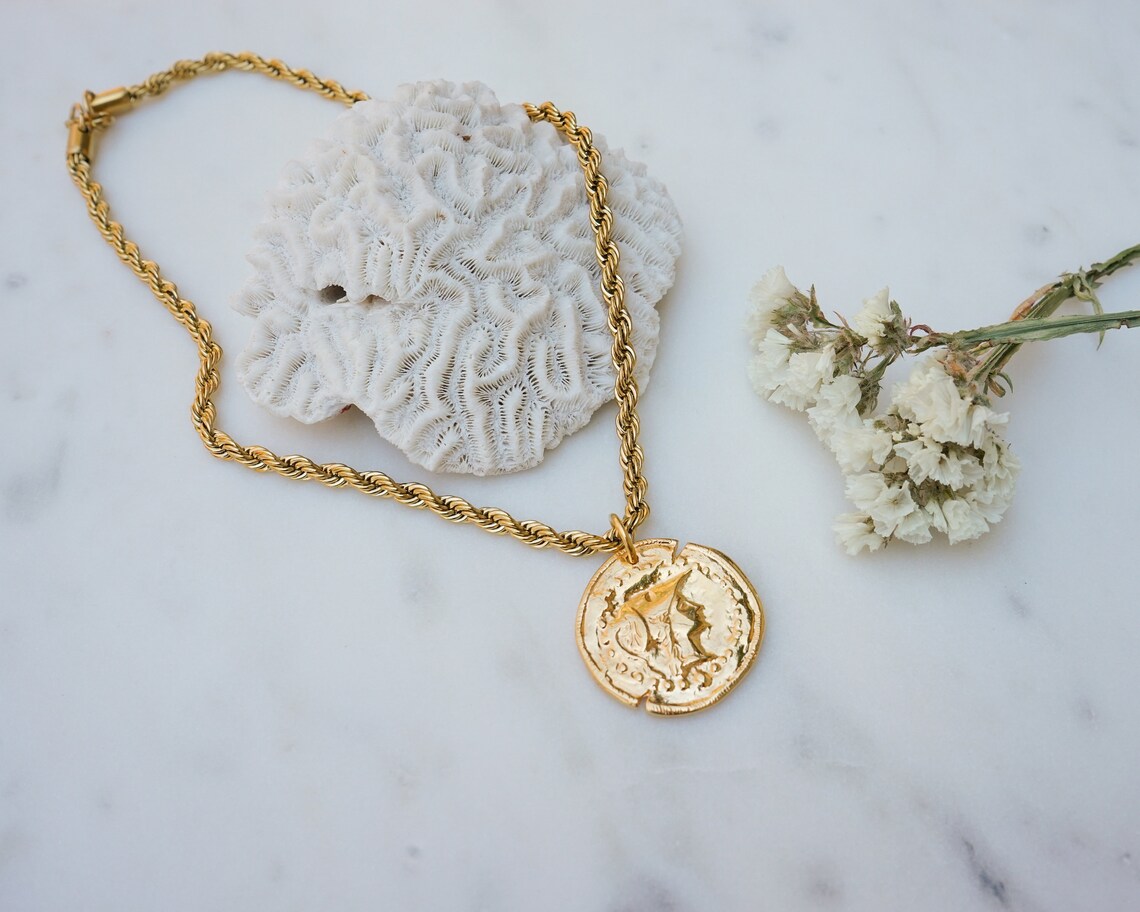 Gold Athena Goddess Coin Pendant Stainless Steel Rope Chain - Etsy