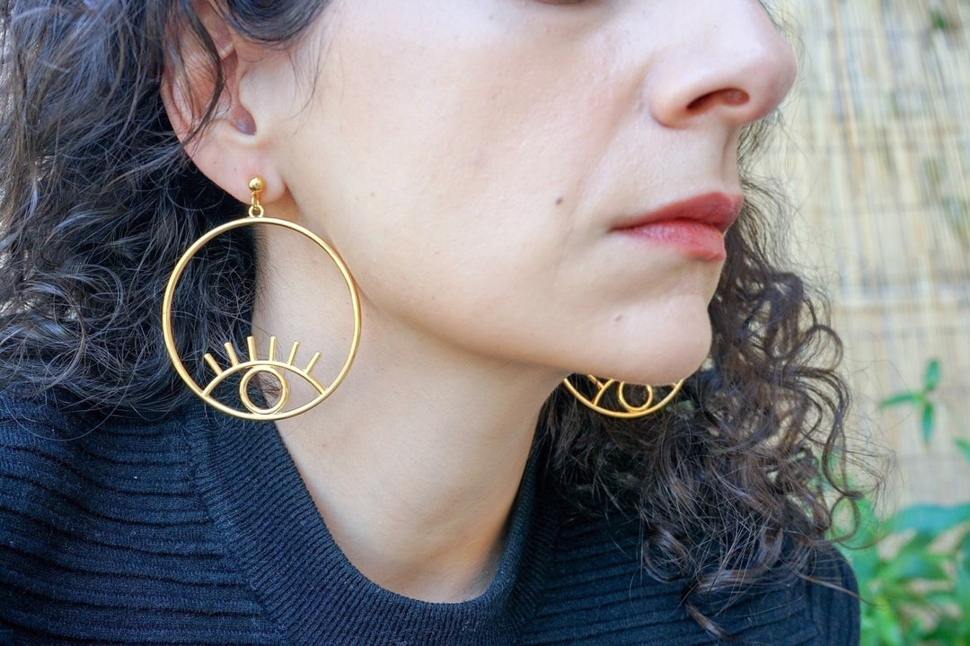 Large Gold Evil Eye Earrings, Large Evil Eye Hoops Earrings, Minimalist ...