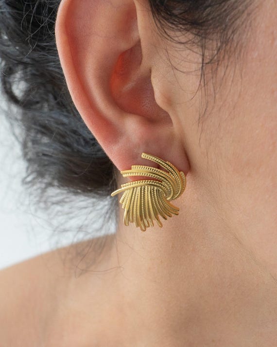 Large Gold Textured Earrings Big Fringed Wavy Stud Earrings Statement Earrings Gold Waterproof Stainless Studs Wedding Guest Earrings Etsy