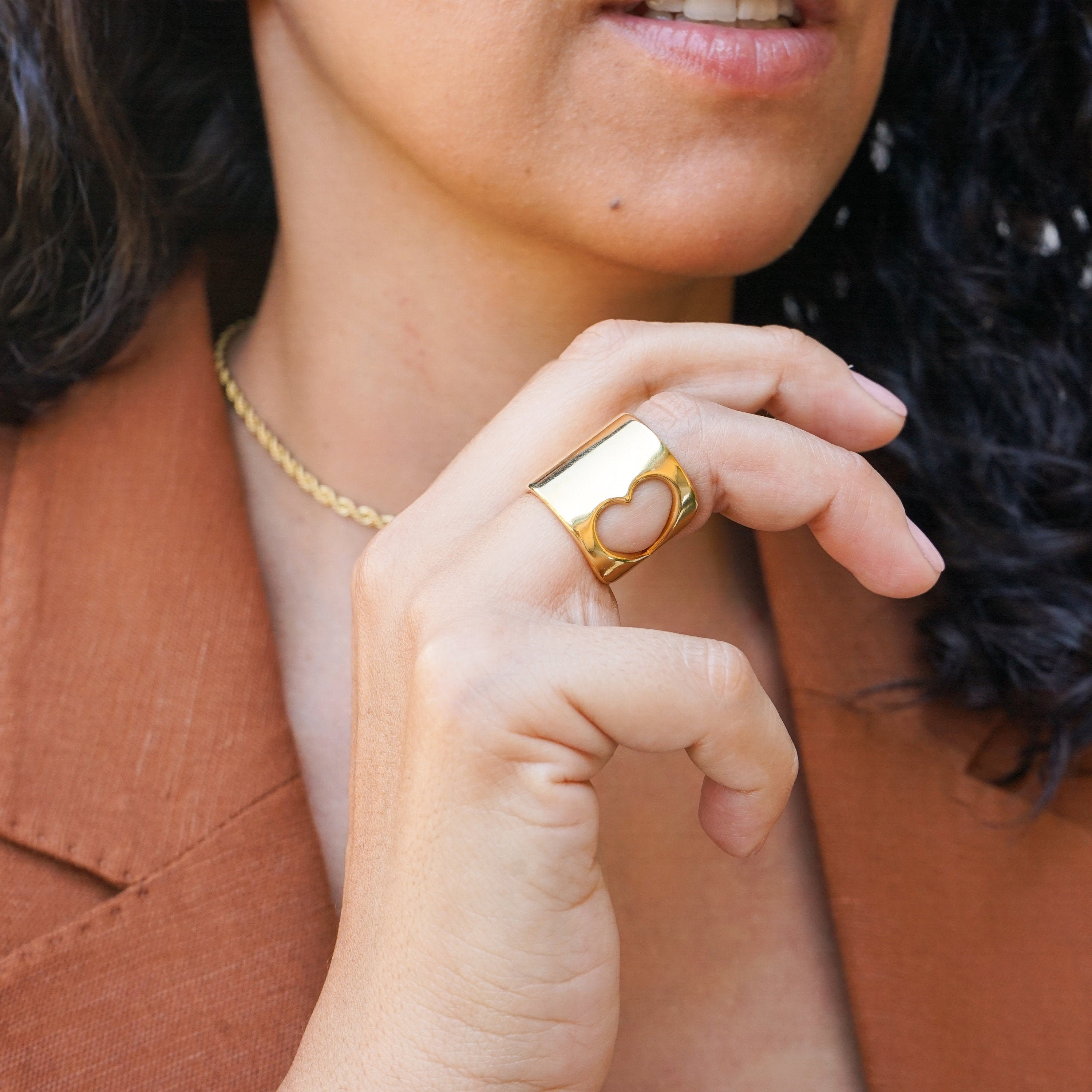 Gold HEART CUTOUT ring Long Heart Stencil Boho Big Band ring | Etsy