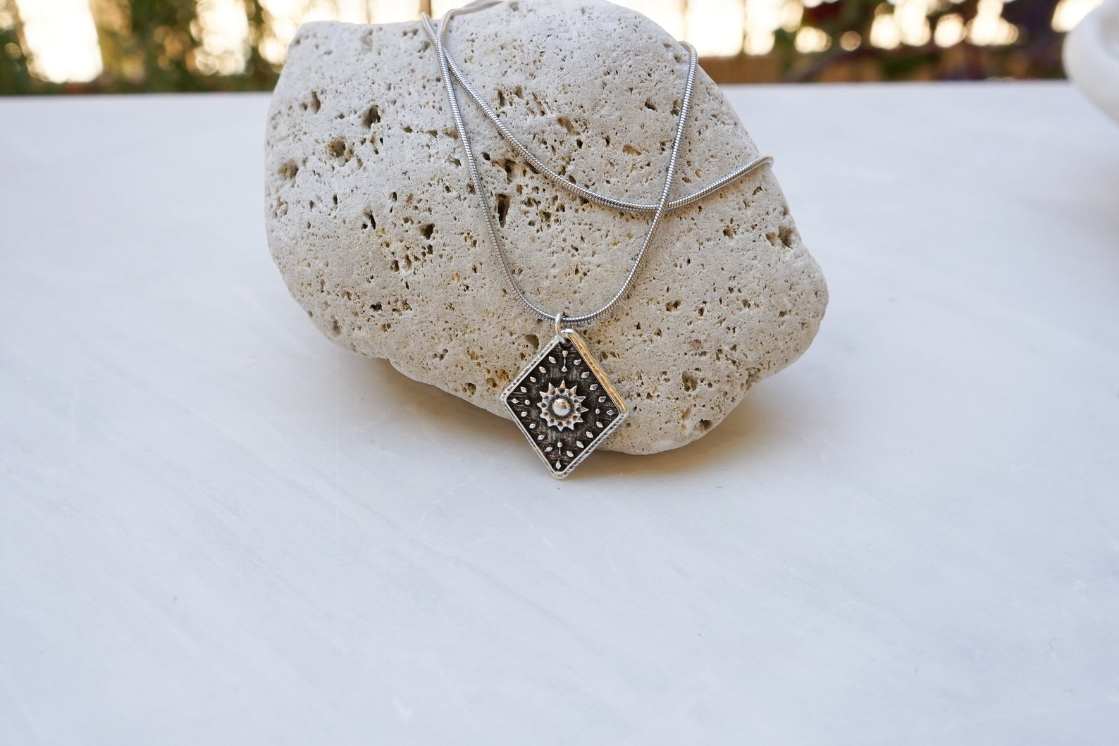 Silver RHOMBUS SUN pendant necklace Sunburst Celestial Cosmic | Etsy