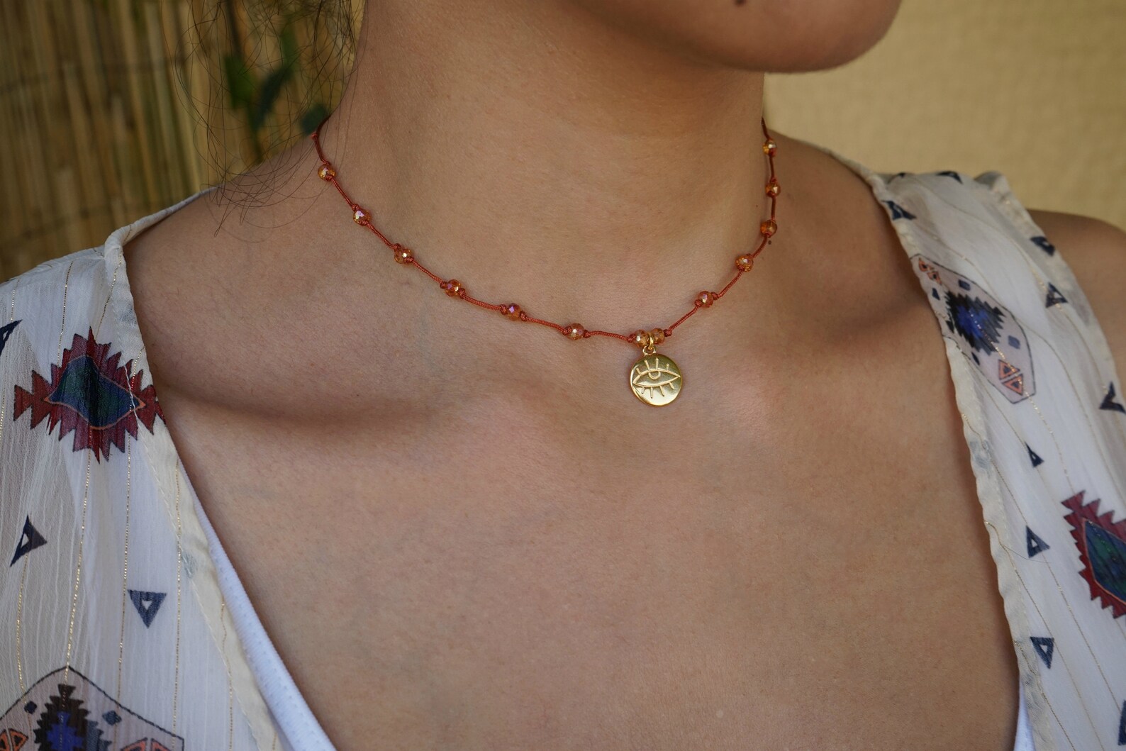 Gold Evil Eye Protection Charm Macrame Necklace Adjustable | Etsy