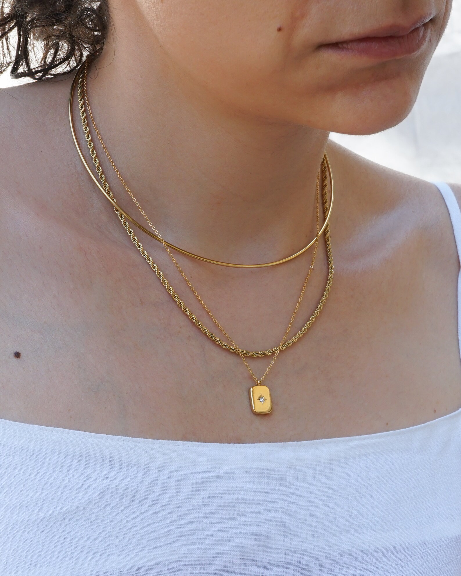 Gold Rectangle/teardrop Pendant Wt Zircon Necklace 24K Gold - Etsy