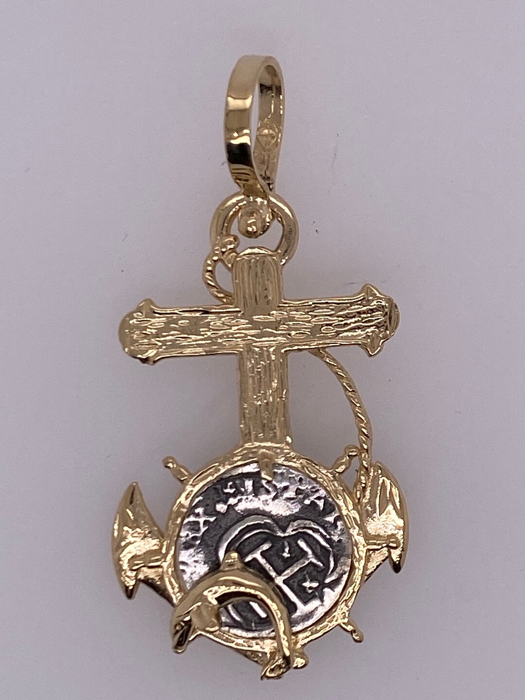 ATOCHA Coin Pendant 14K Yellow Gold Prong Set Cross Anchor Dolphin ...