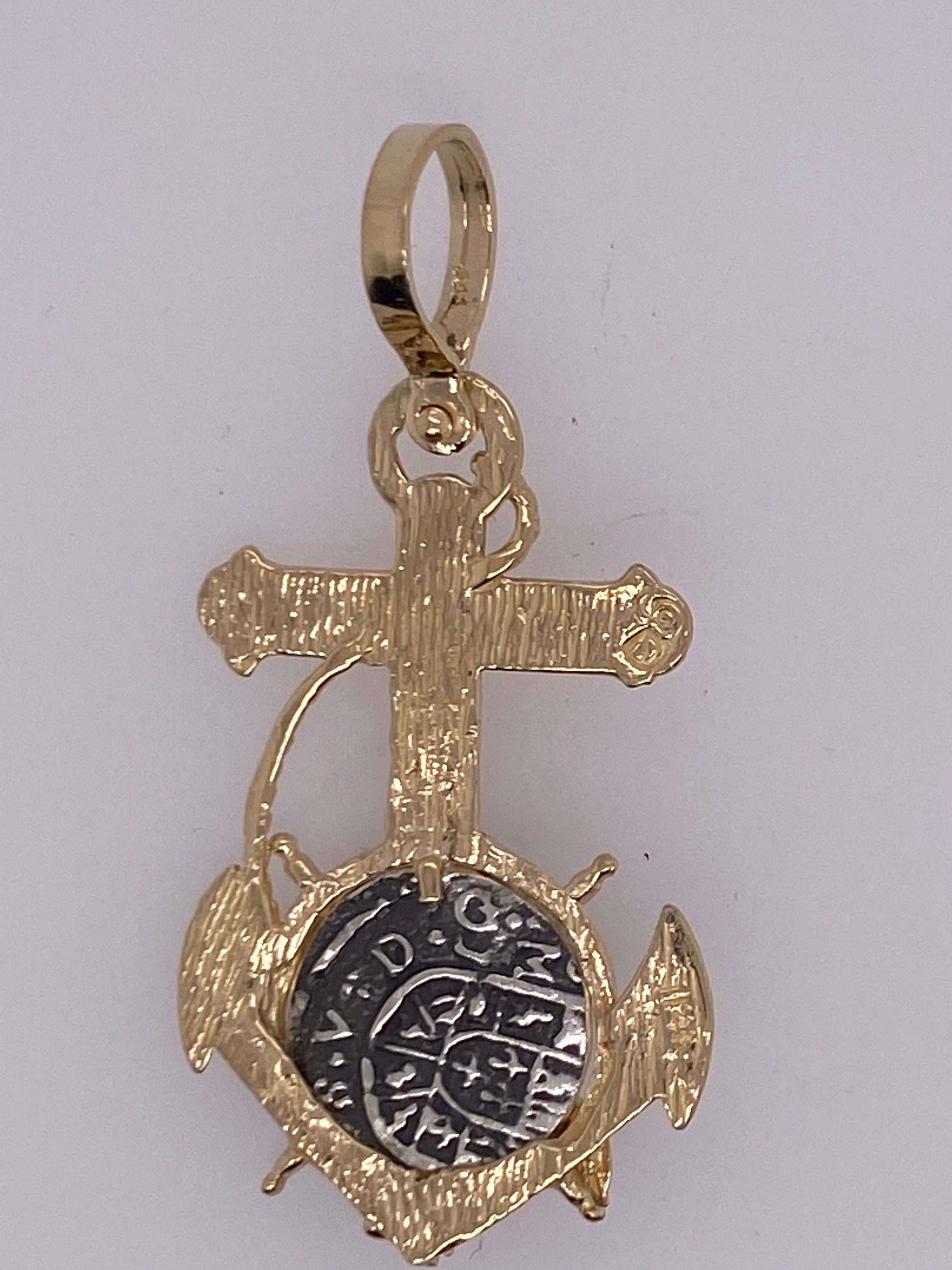 ATOCHA Coin Pendant 14K Yellow Gold Prong Set Cross Anchor Dolphin ...