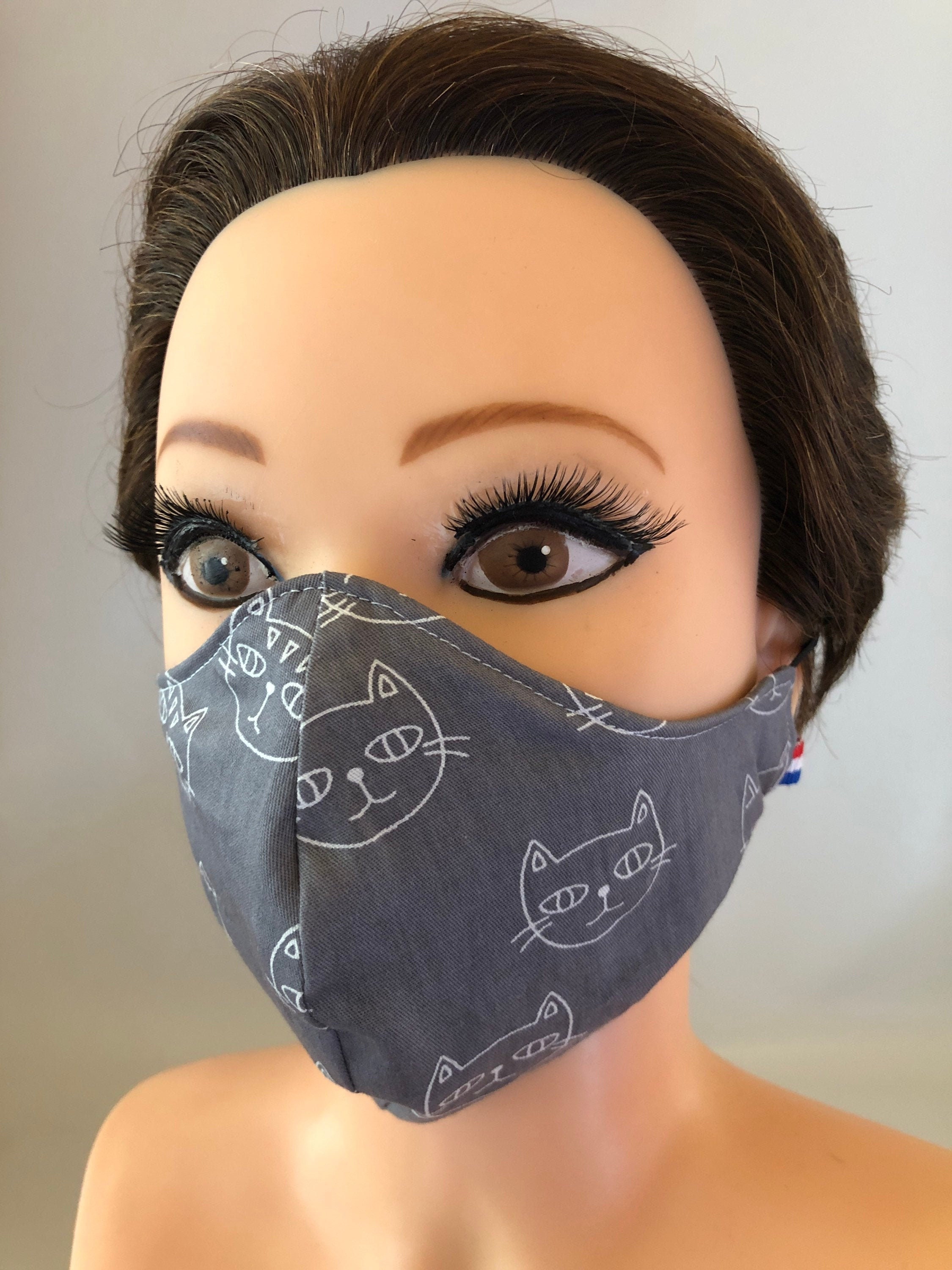 Washable 3 layers, Reversible Cotton Face Mask Cats and Grey