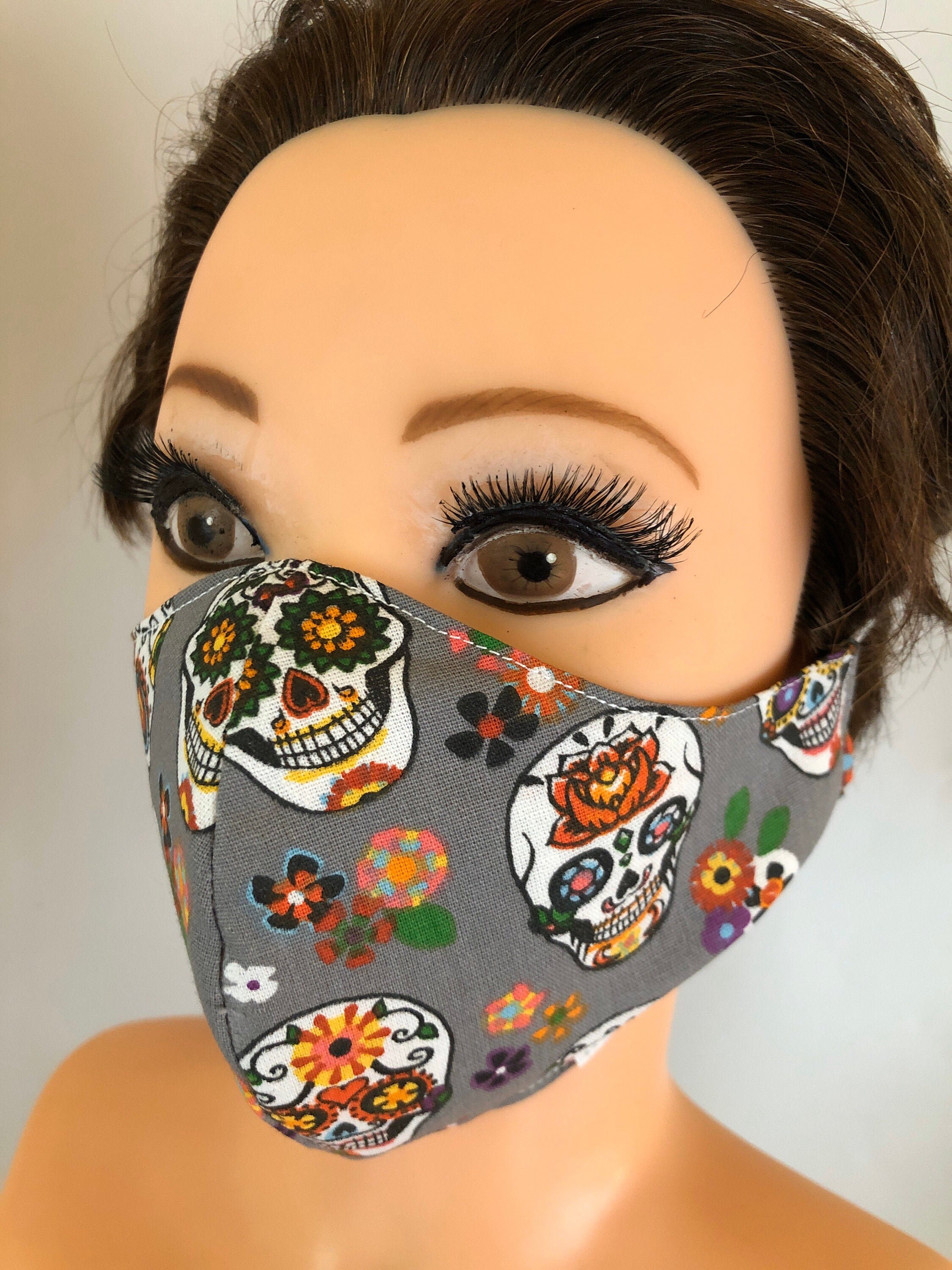 Washable, Reversible Cotton Face Mask Skulls Grey White