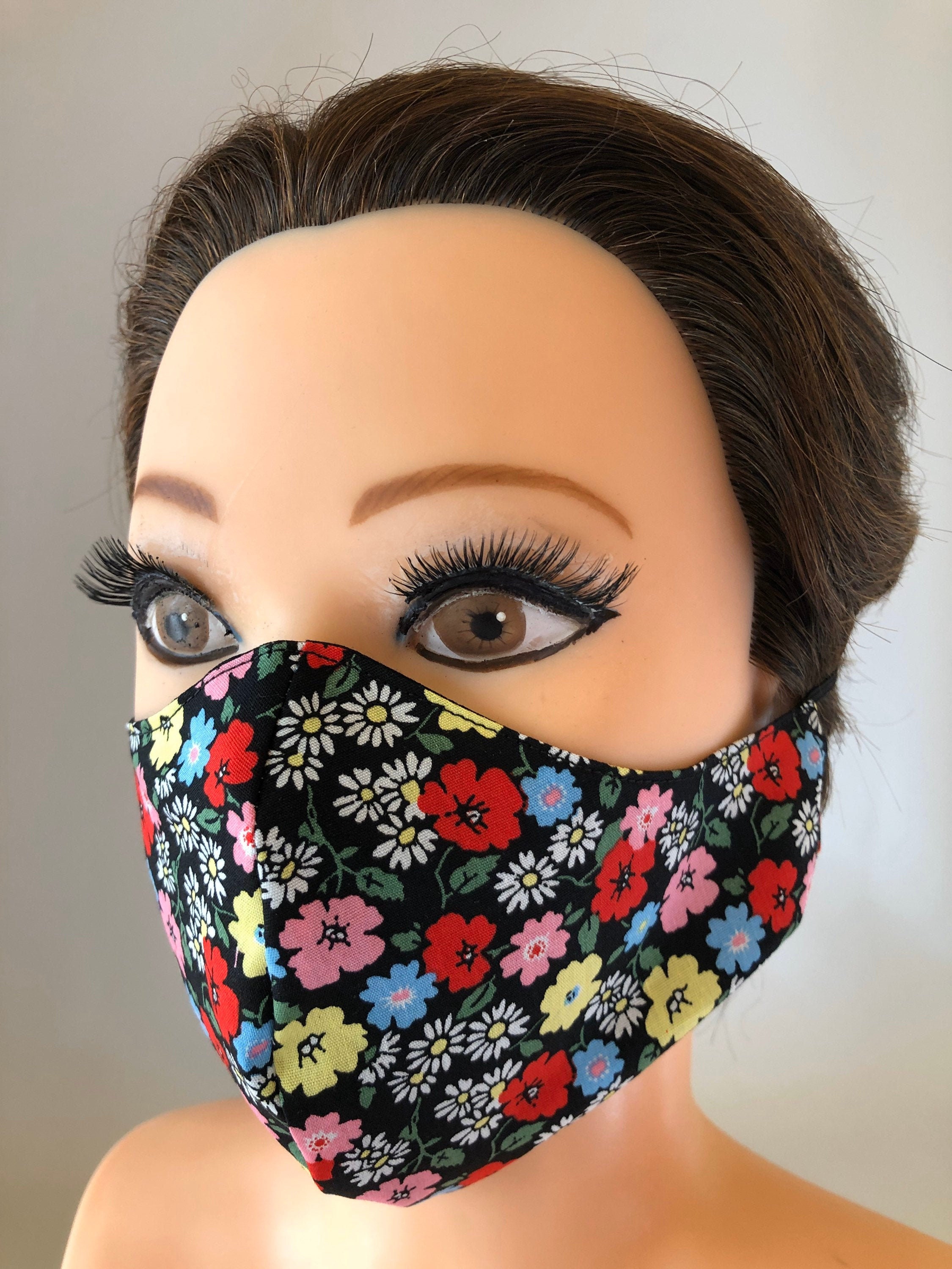 3 x Washable, Reversible Cotton Face Mask Flowers/black