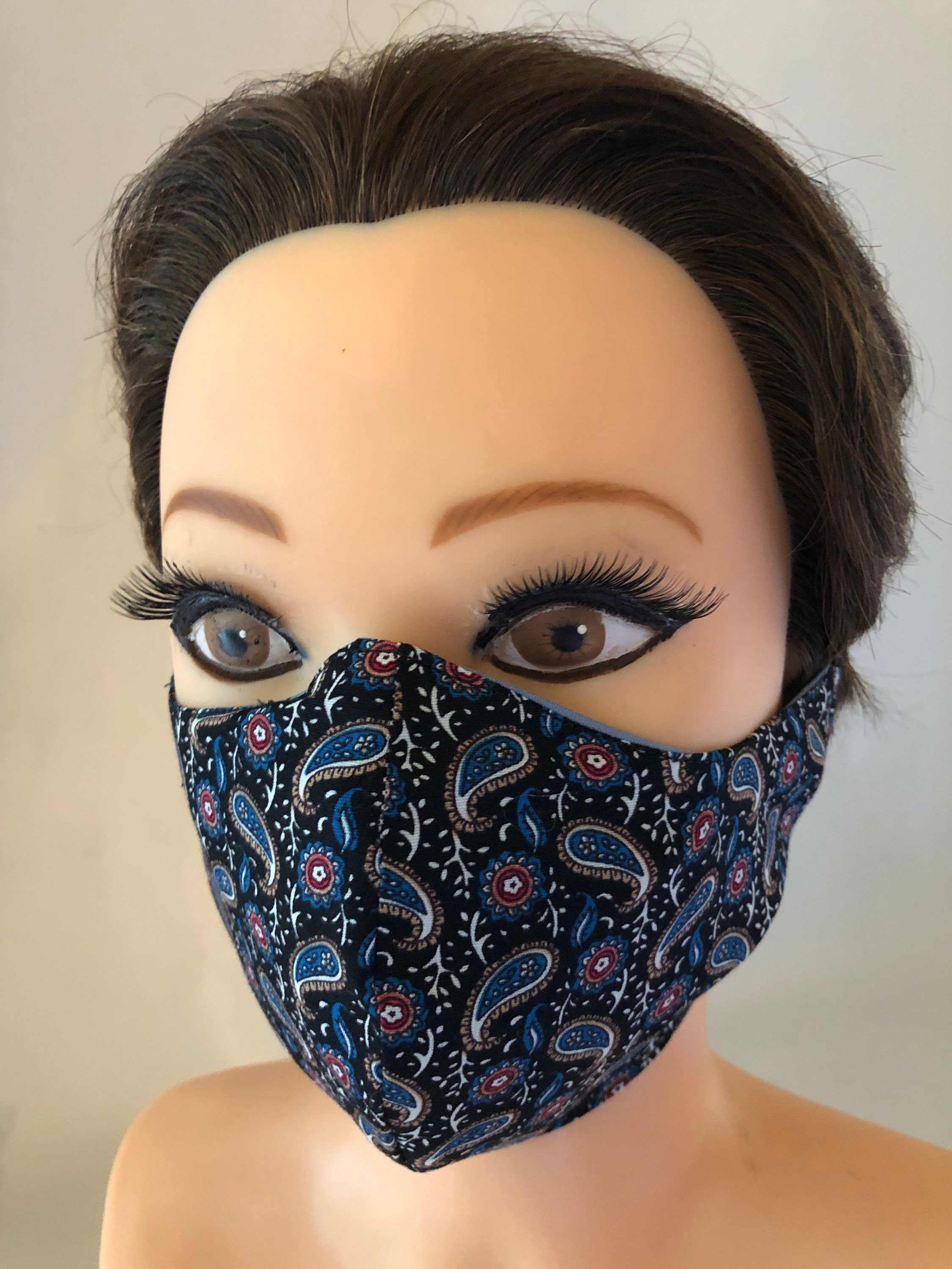Washable 3 layers, Reversible Cotton Face Mask Elegant Paisley and Blue