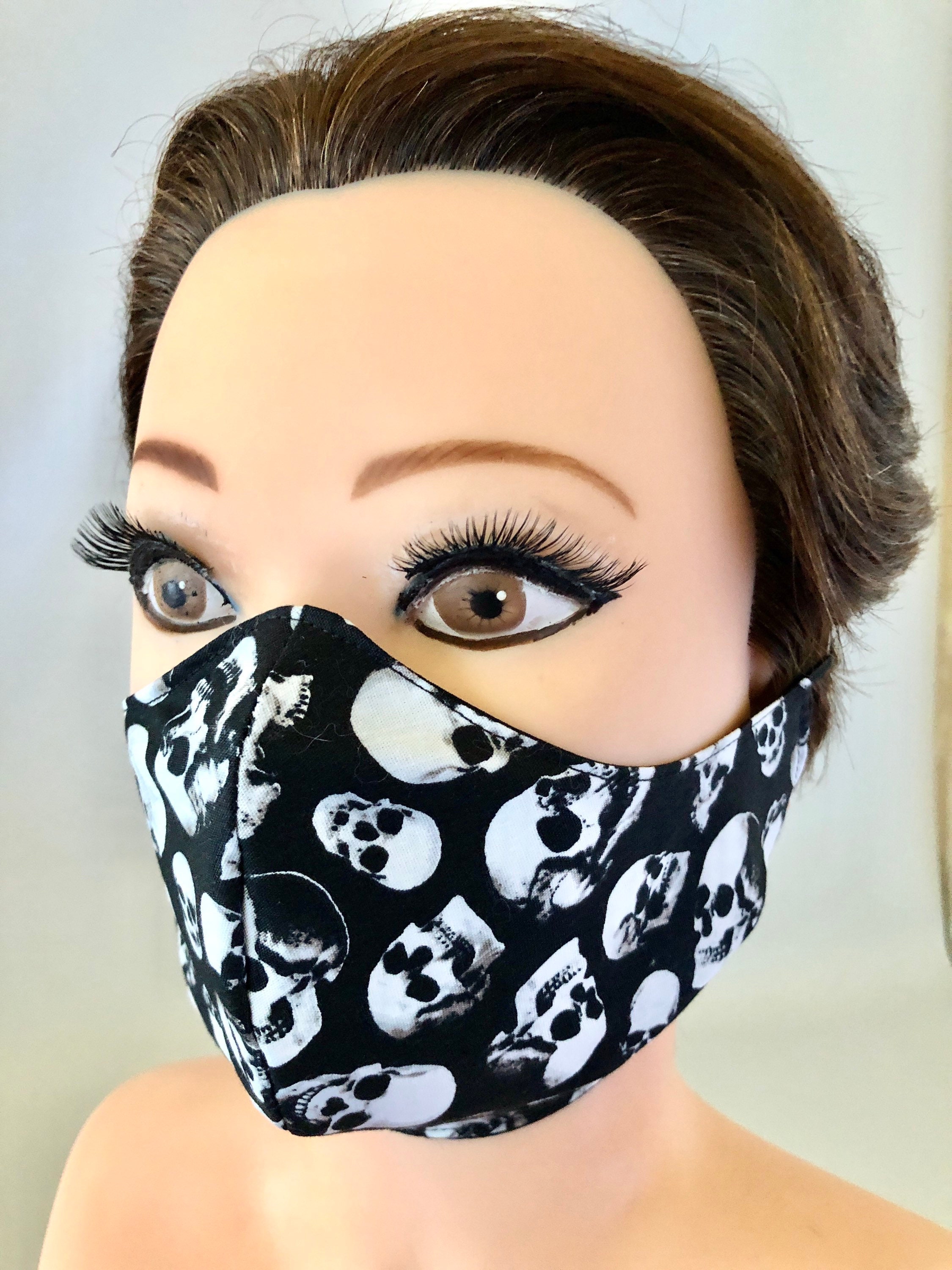 Washable 3 layers, Reversible Cotton Face Mask Black And White Skulls