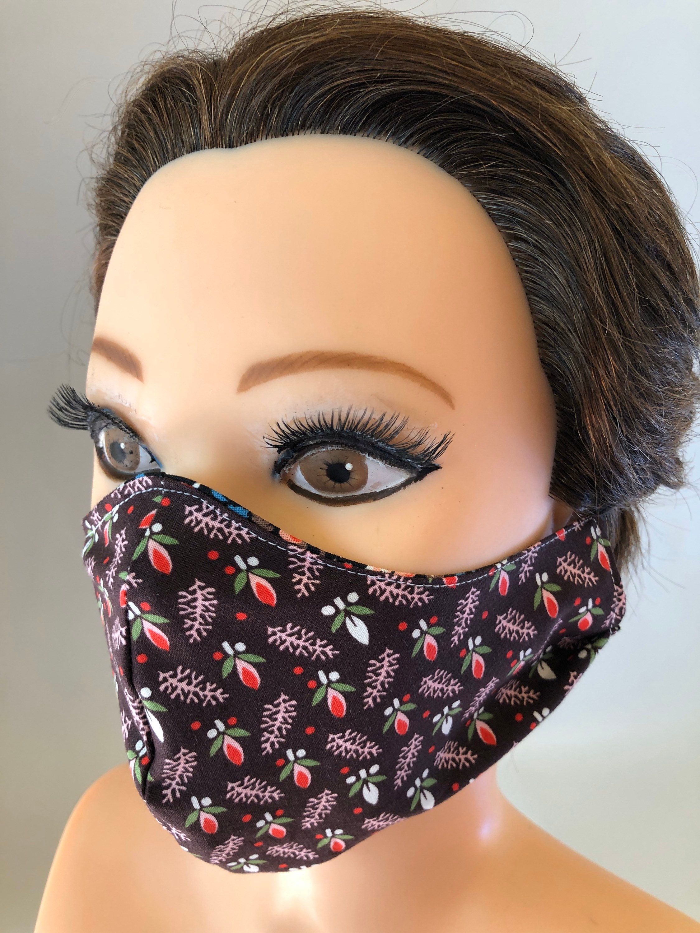 Washable, Reversible Cotton Face Mask Japanese cotton flowers dark