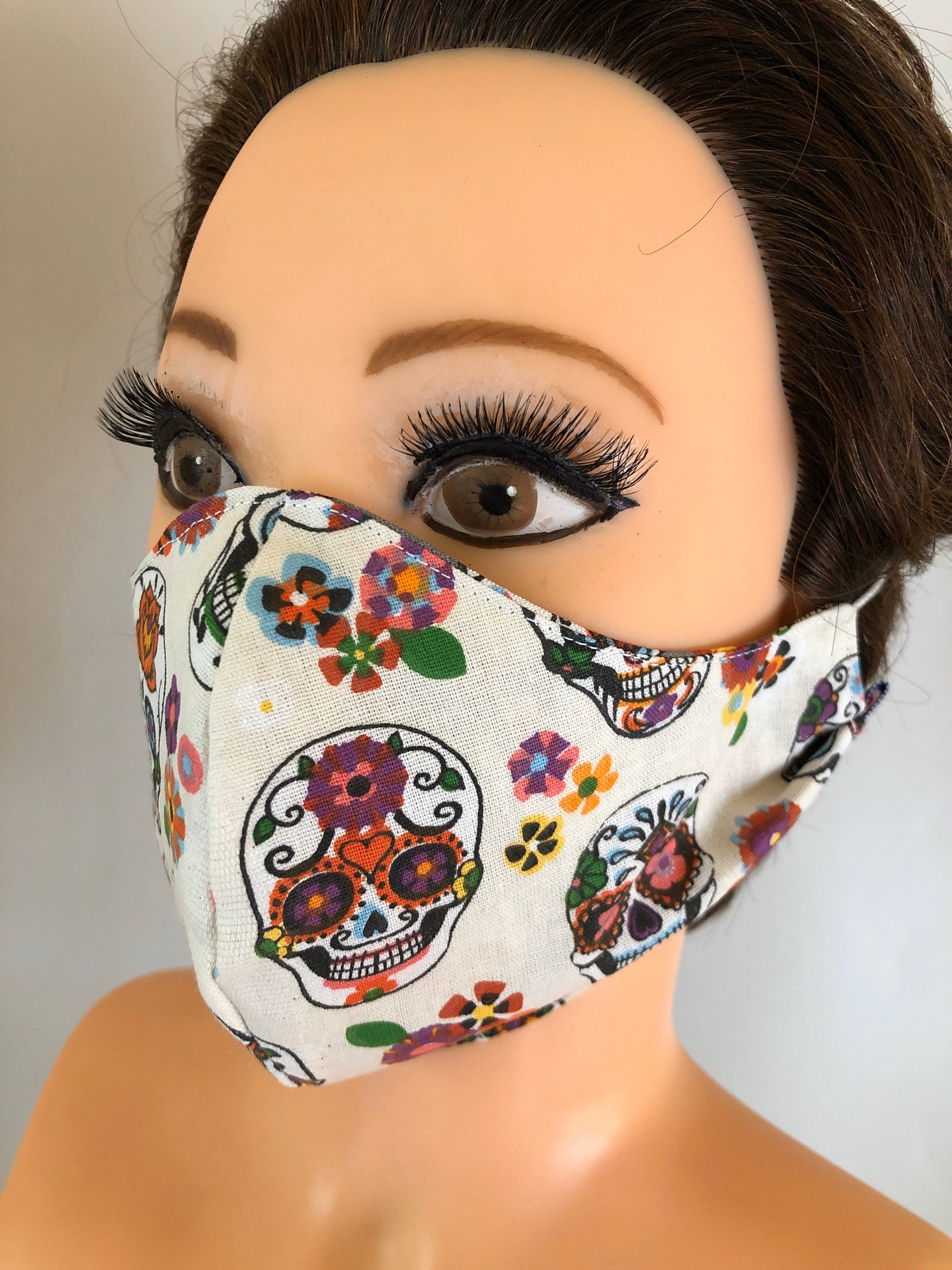 Washable, Reversible Cotton Face Mask Skulls Grey White