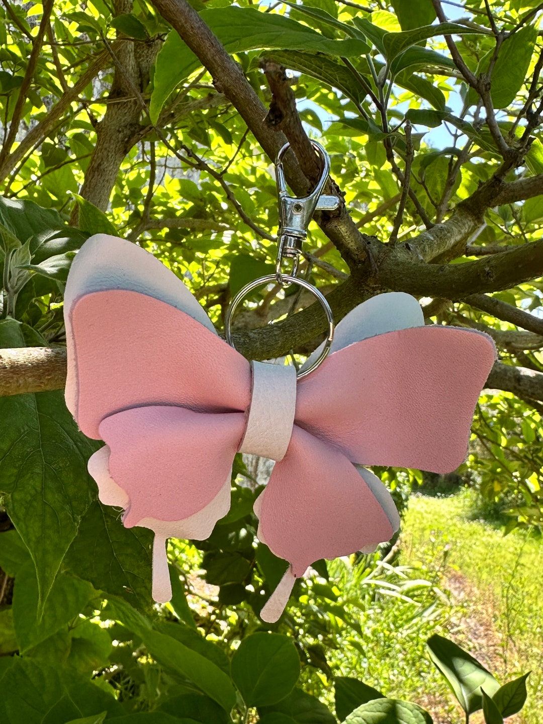 Pink White Leather Butterfly Keychain, Butterfly Purse Charm, Butterfly ...