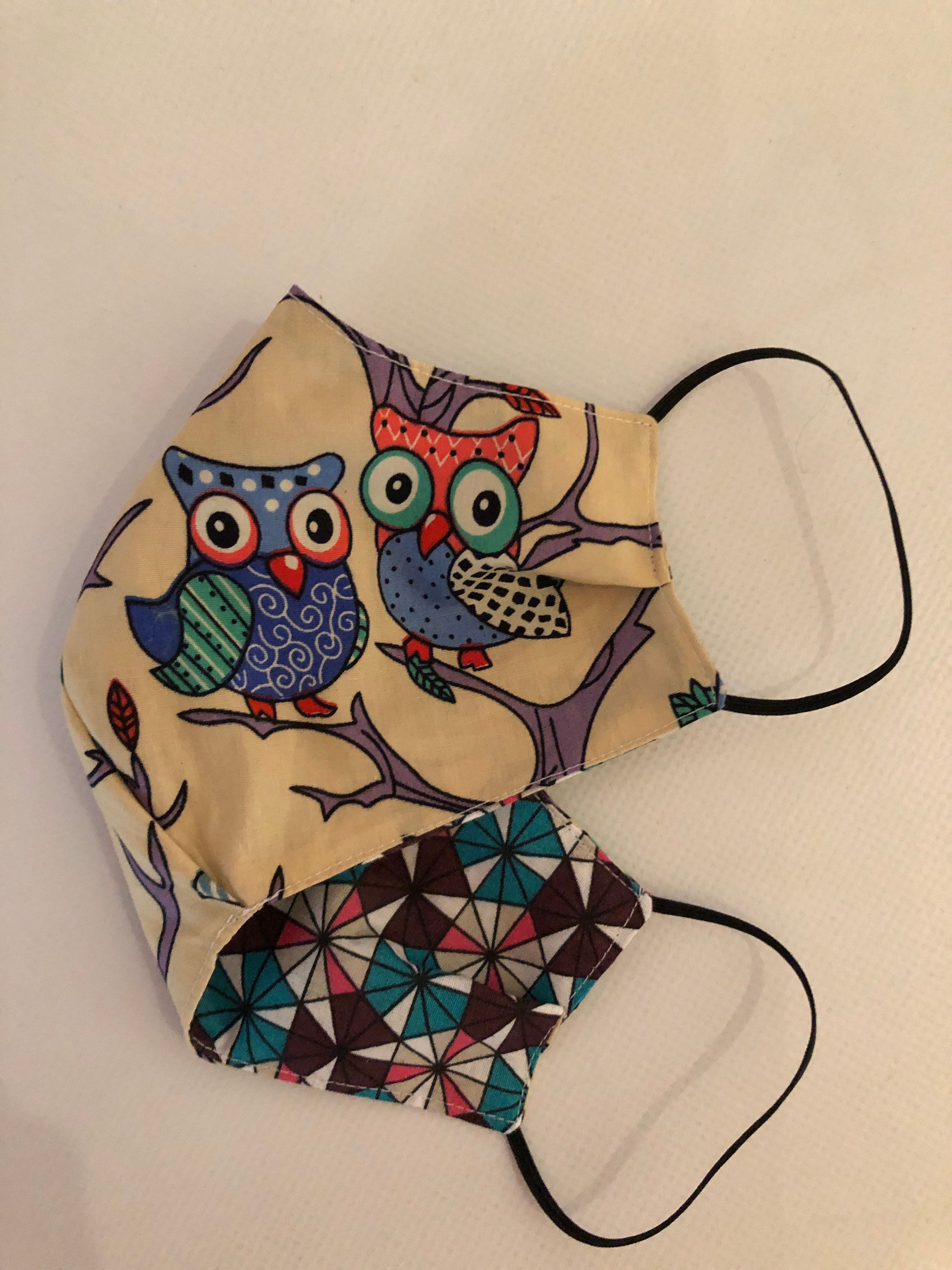 Washable 2 layers, Reversible Cotton Face Masks owls and geometric