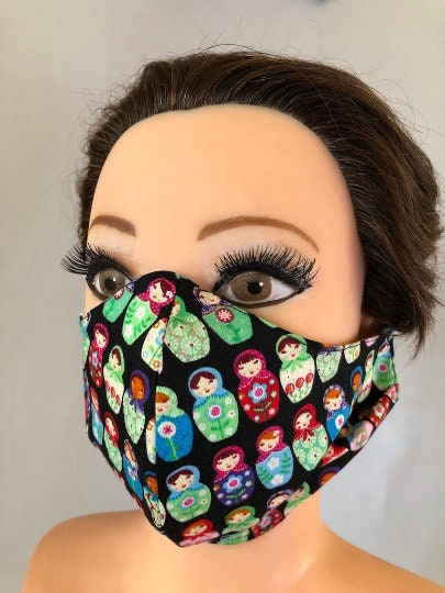 Washable, Reversible Cotton Face Mask Russian dolls and plain black