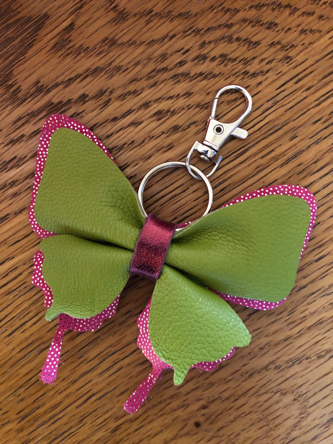 Pink Green Leather Butterfly Keychain, Butterfly Purse Charm, Butterfly ...