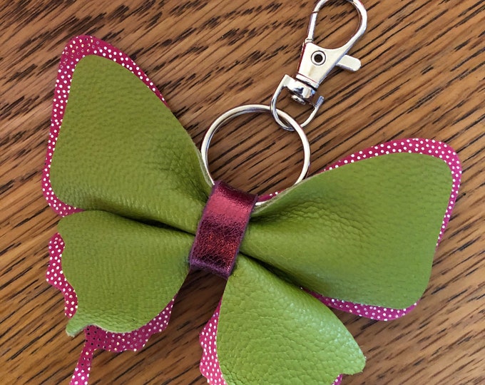 Pink Green Leather Butterfly Keychain, Butterfly Purse Charm, Butterfly ...