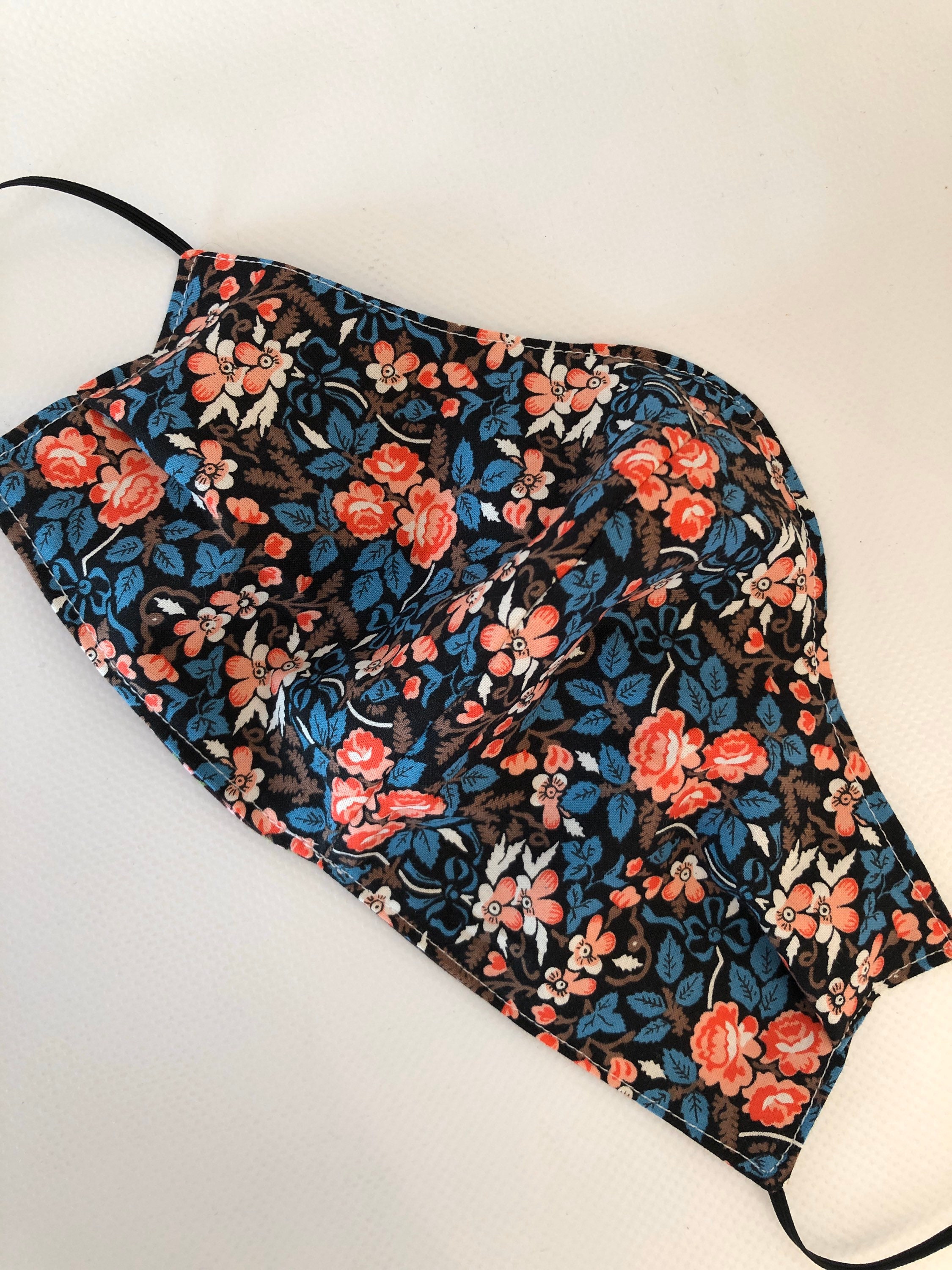 Washable, Reversible Cotton Face Mask Japanese cotton flowers dark