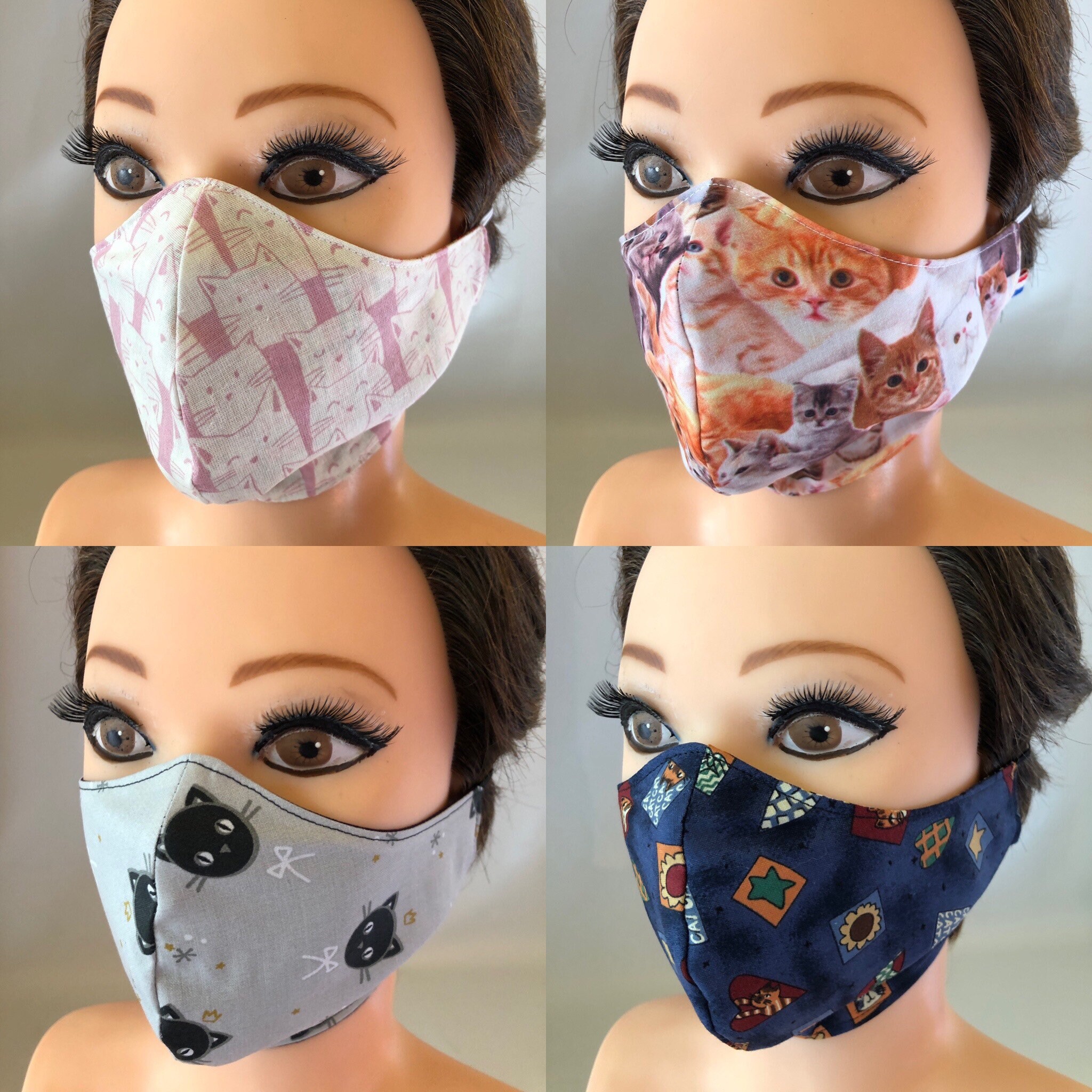 4 x Washable 3 layers, Reversible Cotton Face Mask Cats collection